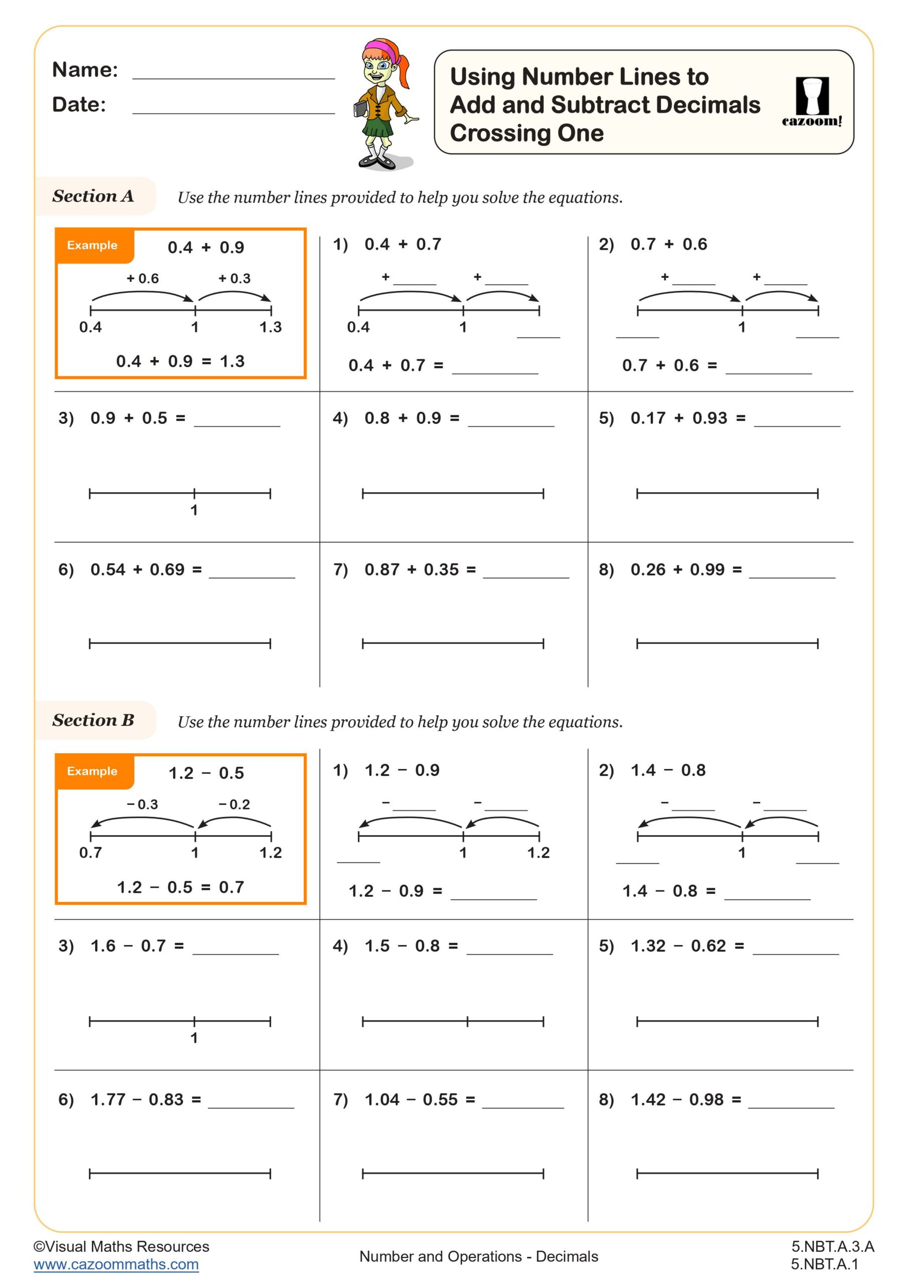 Using Number Lines to Add and Subtract Decimals Crossing One Worksheet ...