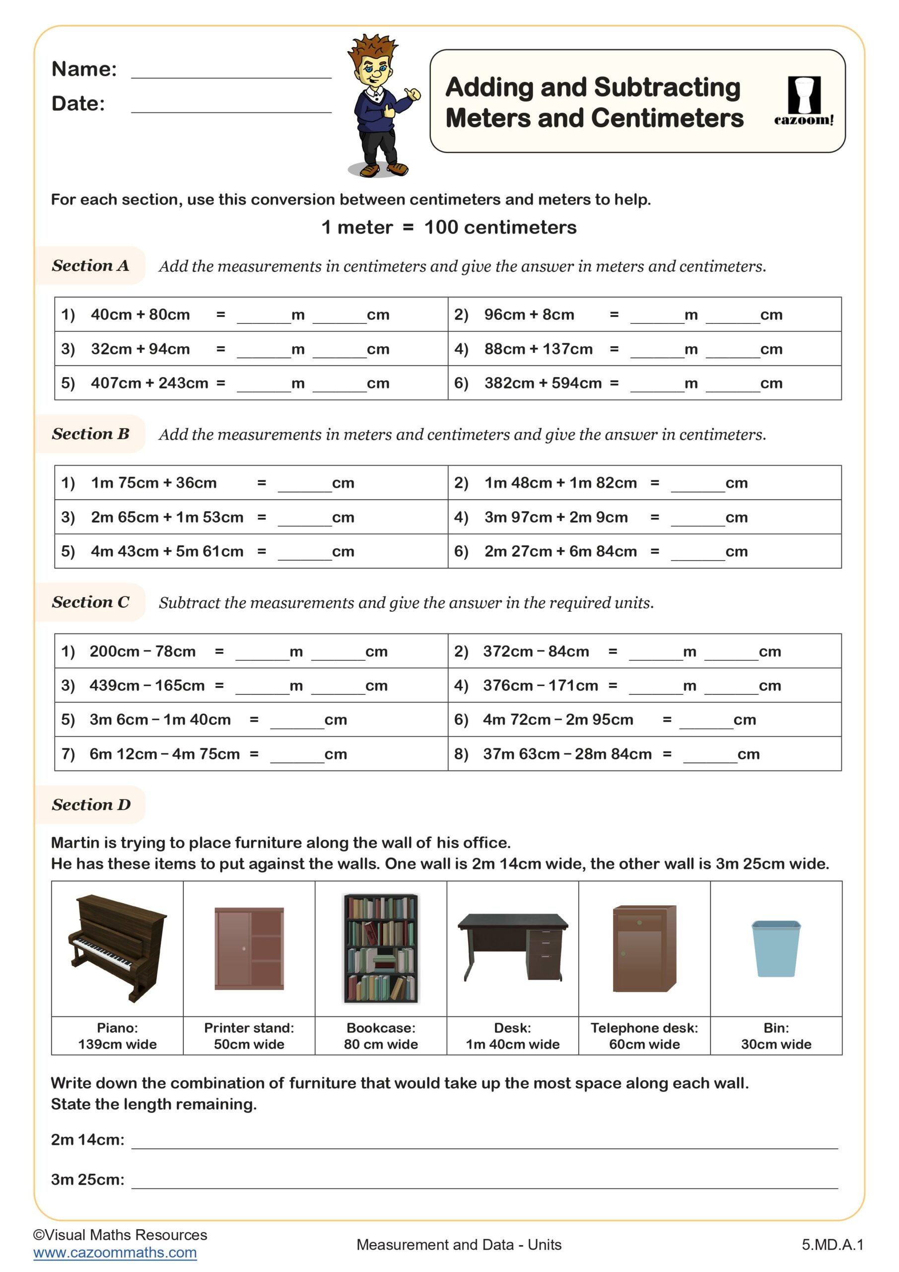 Adding and Subtracting Meters and Centimeters Worksheet | Fun and ...