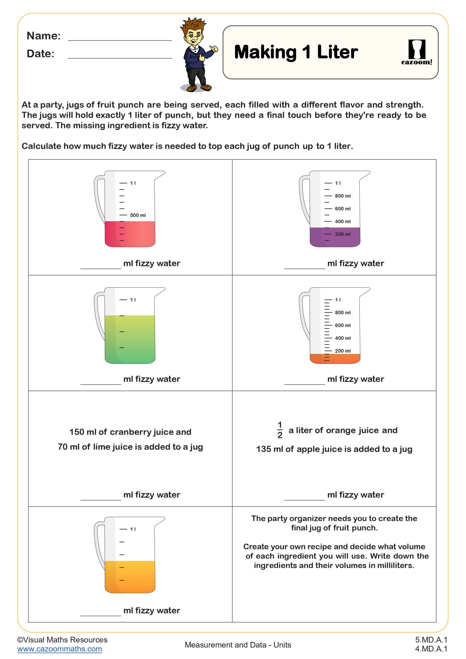 Making 1 l Worksheet | Printable PDF 4th and 5th Grade Measurement and ...