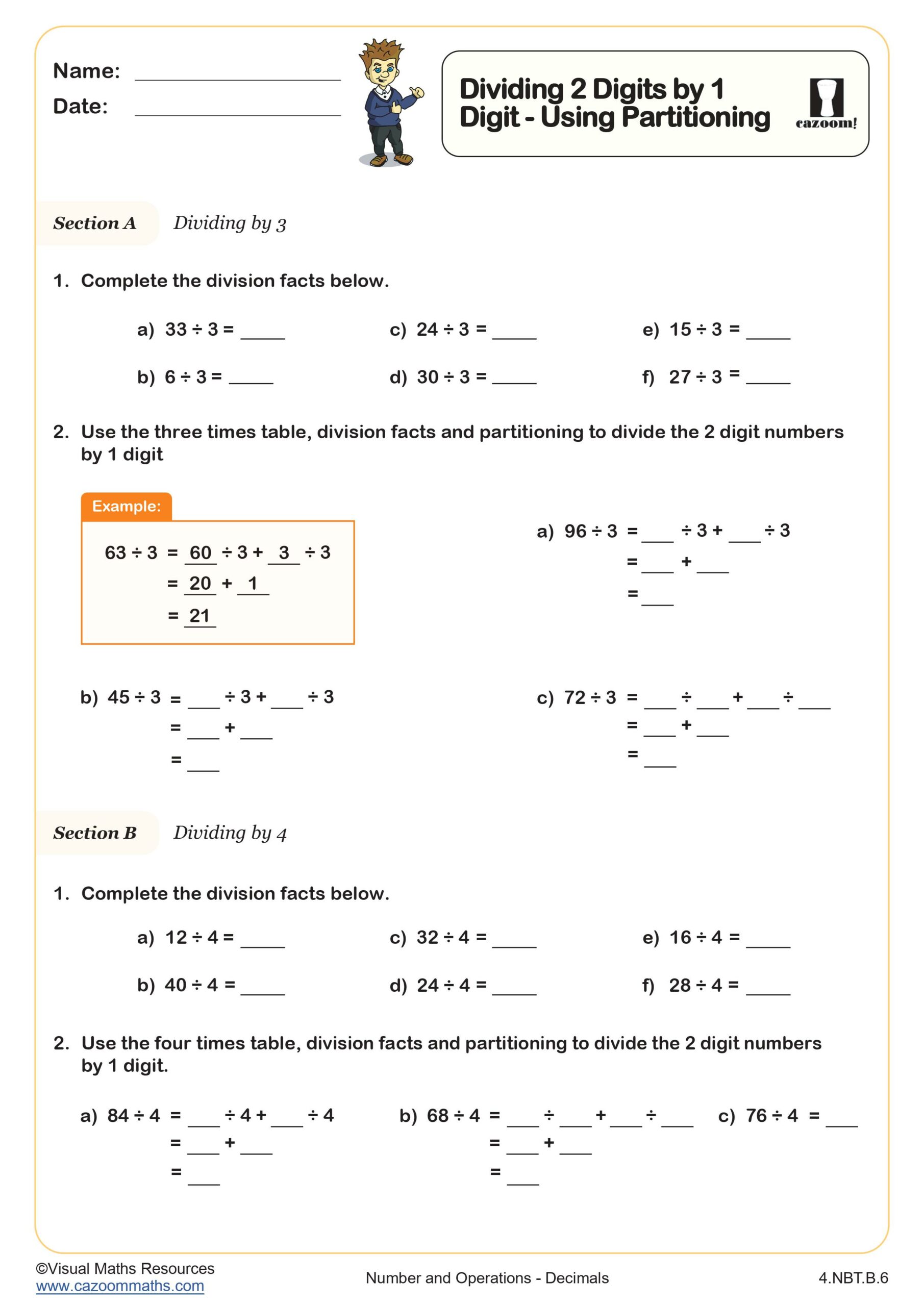Dividing 2 Digits by 1 Digit - Using Partitioning Worksheet | Printable ...