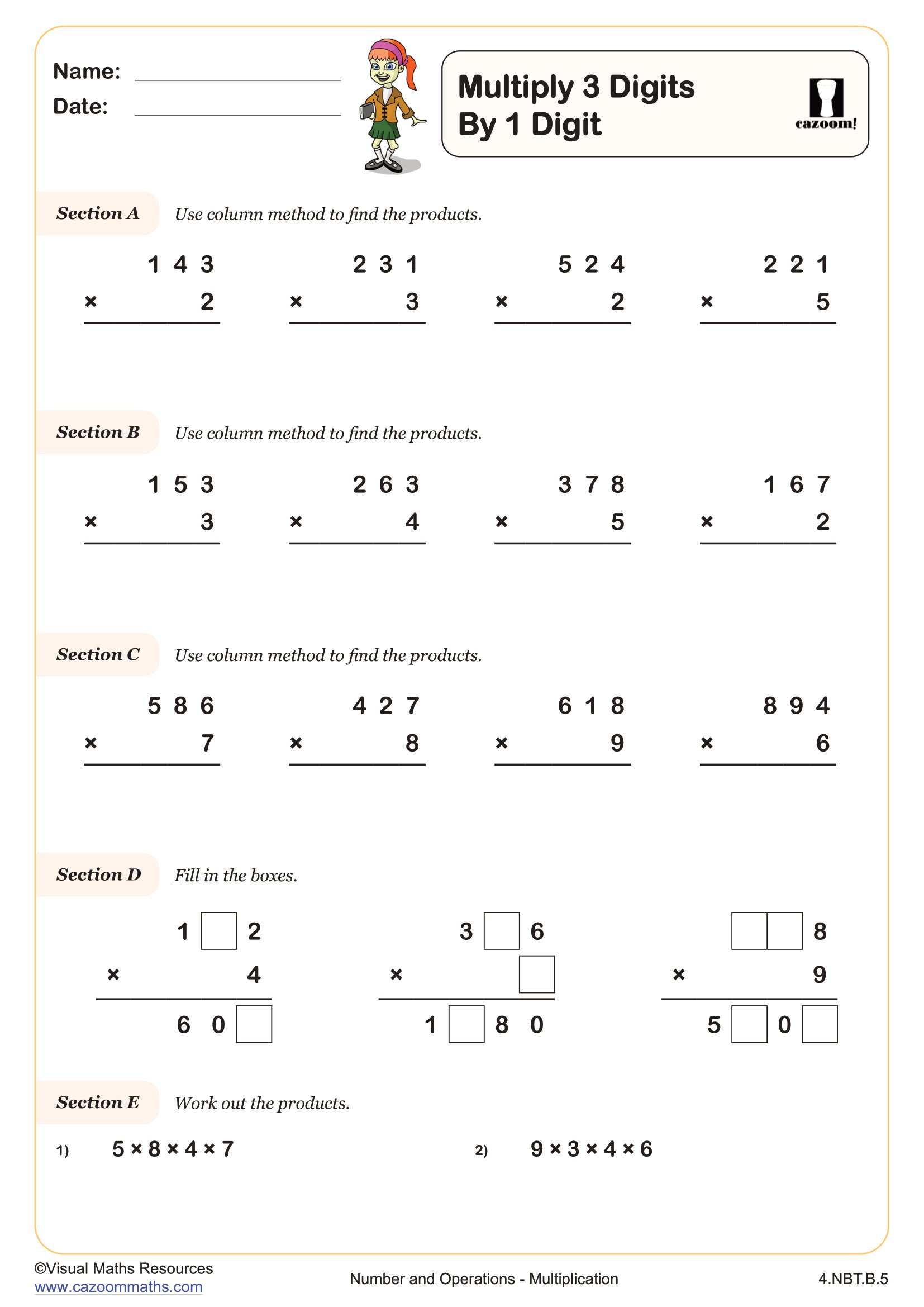 Multiplying 3 digits by 1 digit Worksheet | Printable PDF 4th Grade ...