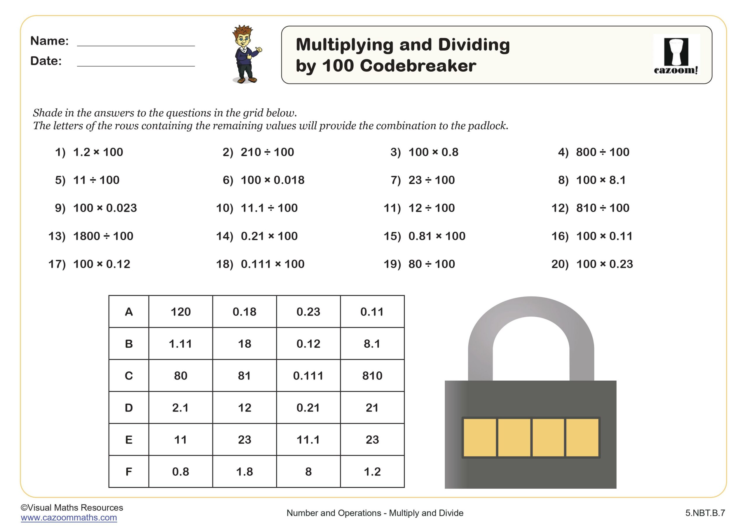 Multiply and Divide by 100 Codebreaker Worksheet | Printable PDF 5th ...