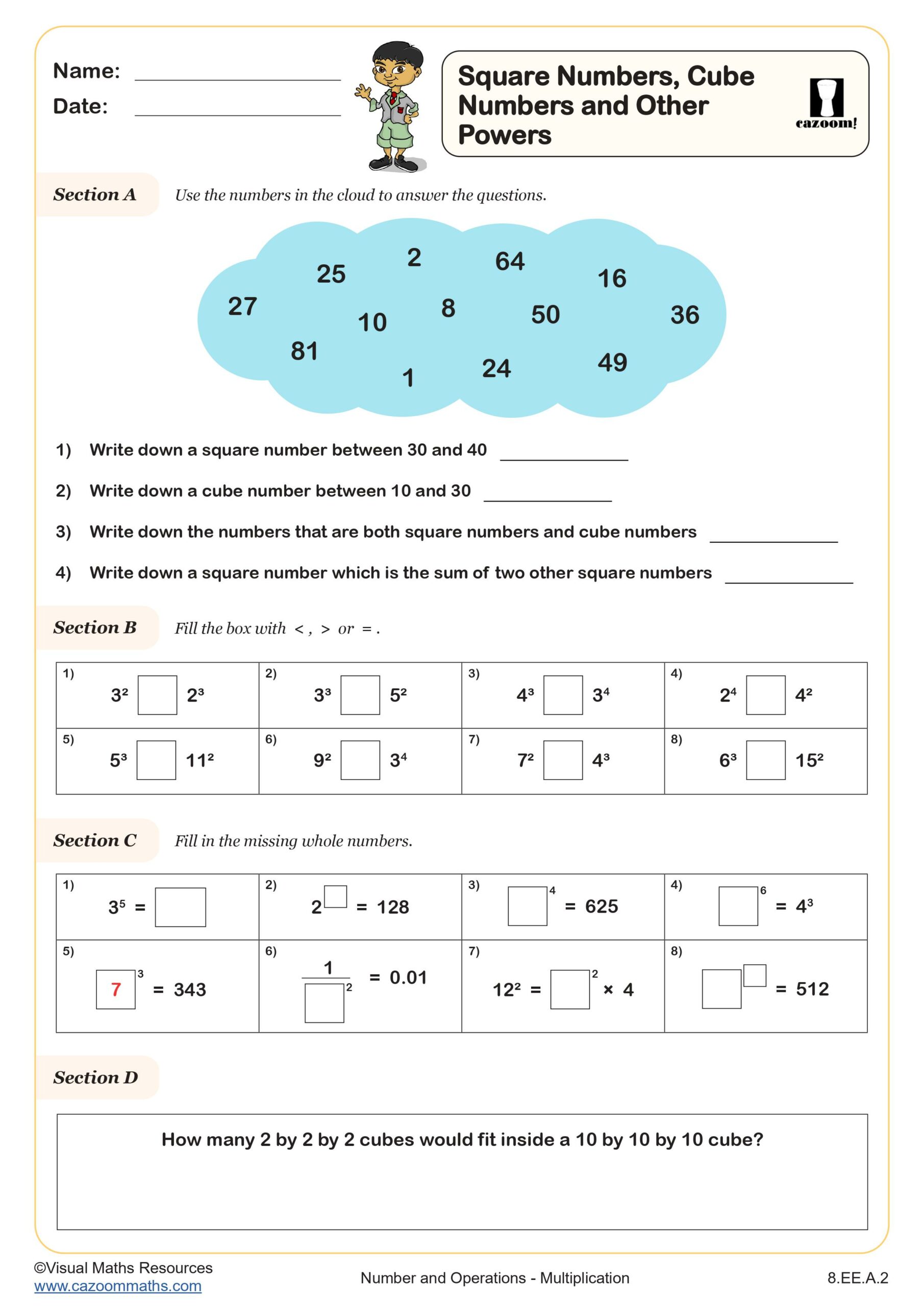 Squaring Numbers Worksheet | Printable PDF 8th Grade Number & Operations Worksheet | Cazoom Math