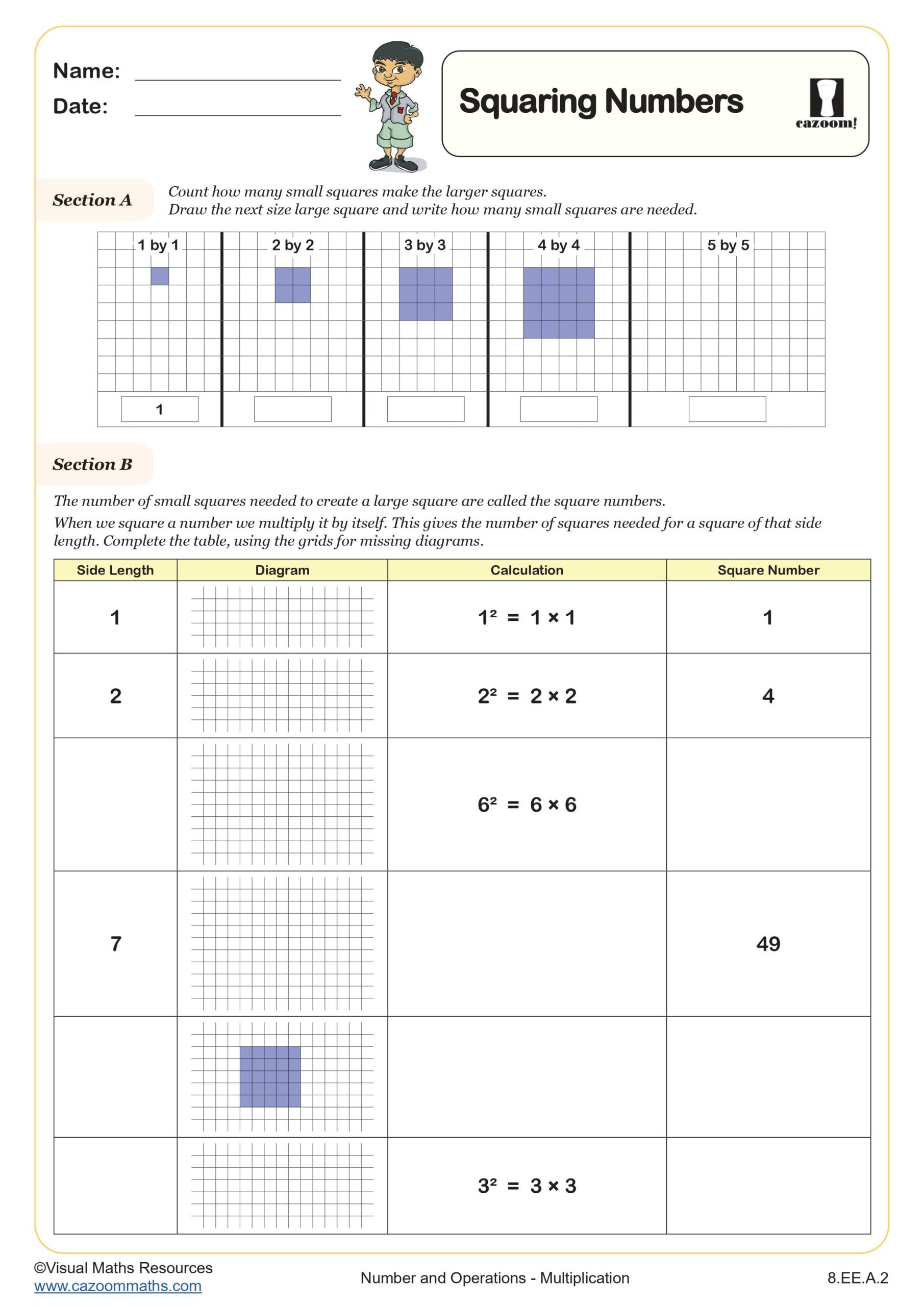 Squaring Numbers Worksheet | Printable PDF 8th Grade Number & Operations Worksheet | Cazoom Math