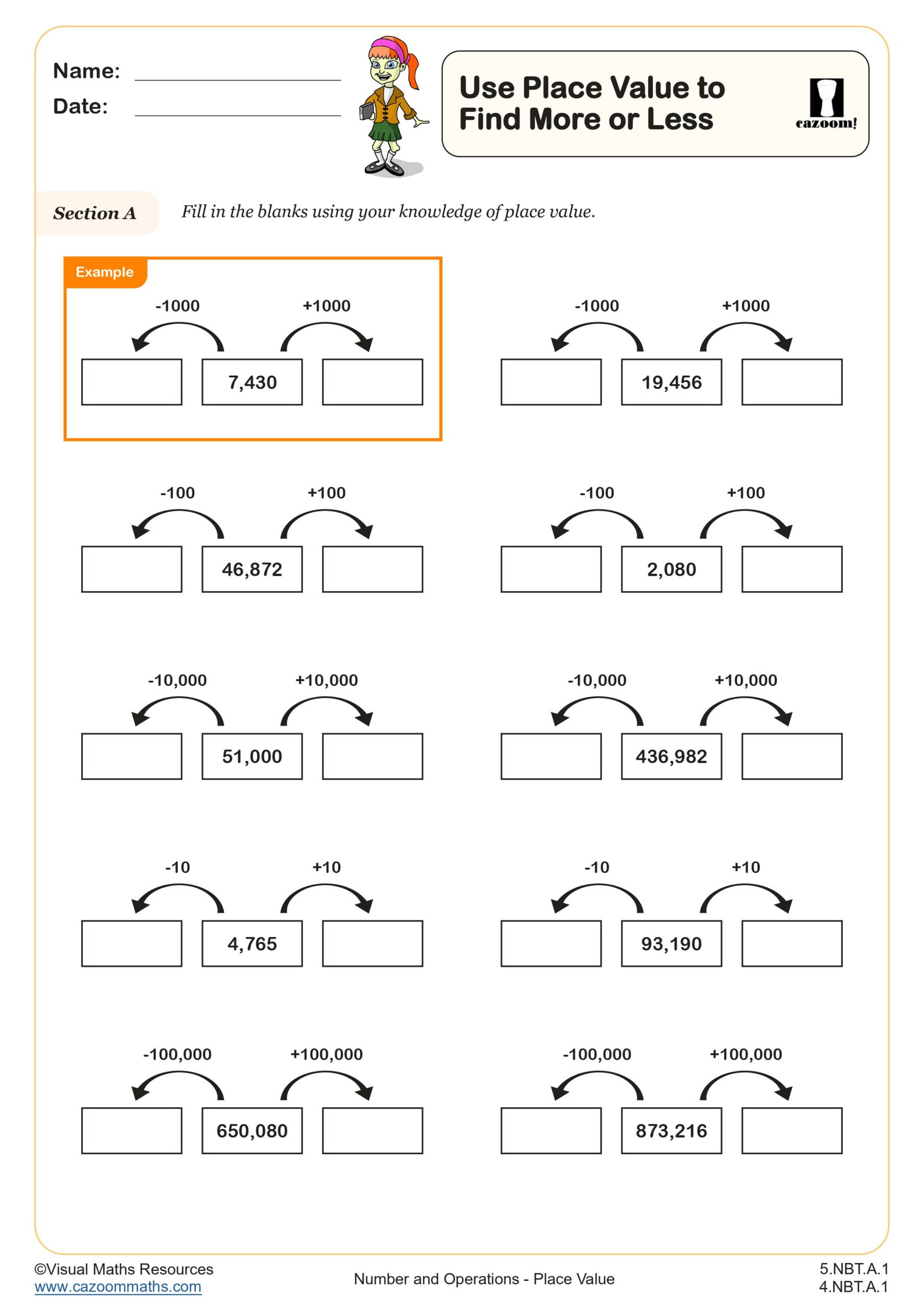 Use Place Value to Find More or Less Worksheet | Printable PDF 4th and ...