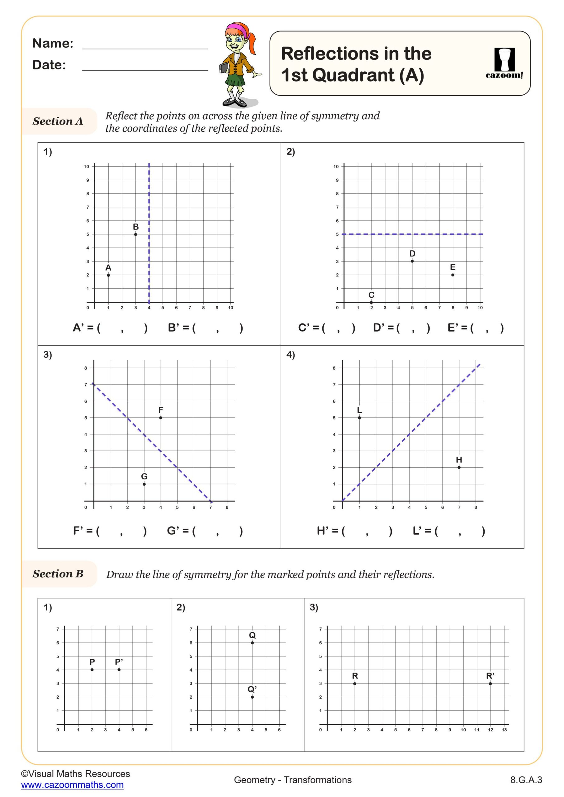 Reflections in the 1st Quadrant (A) Worksheet | Fun and Engaging 8th ...