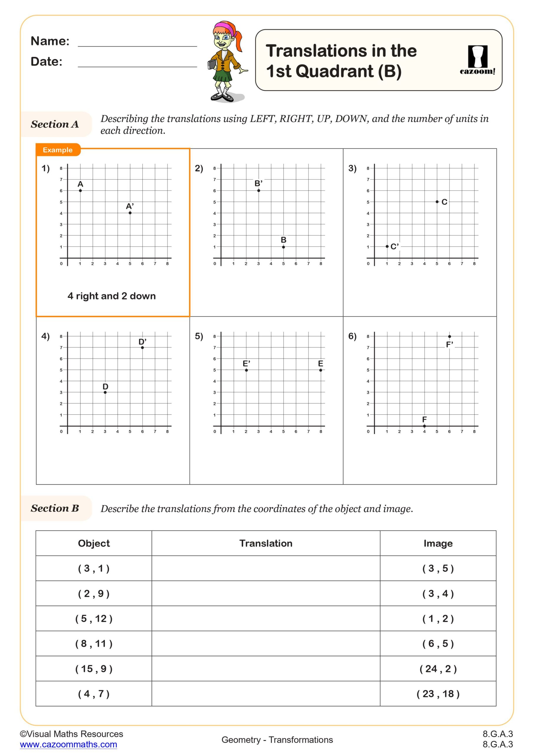 Translations in the 1st Quadrant (B) Worksheet | Fun and Engaging 8th ...