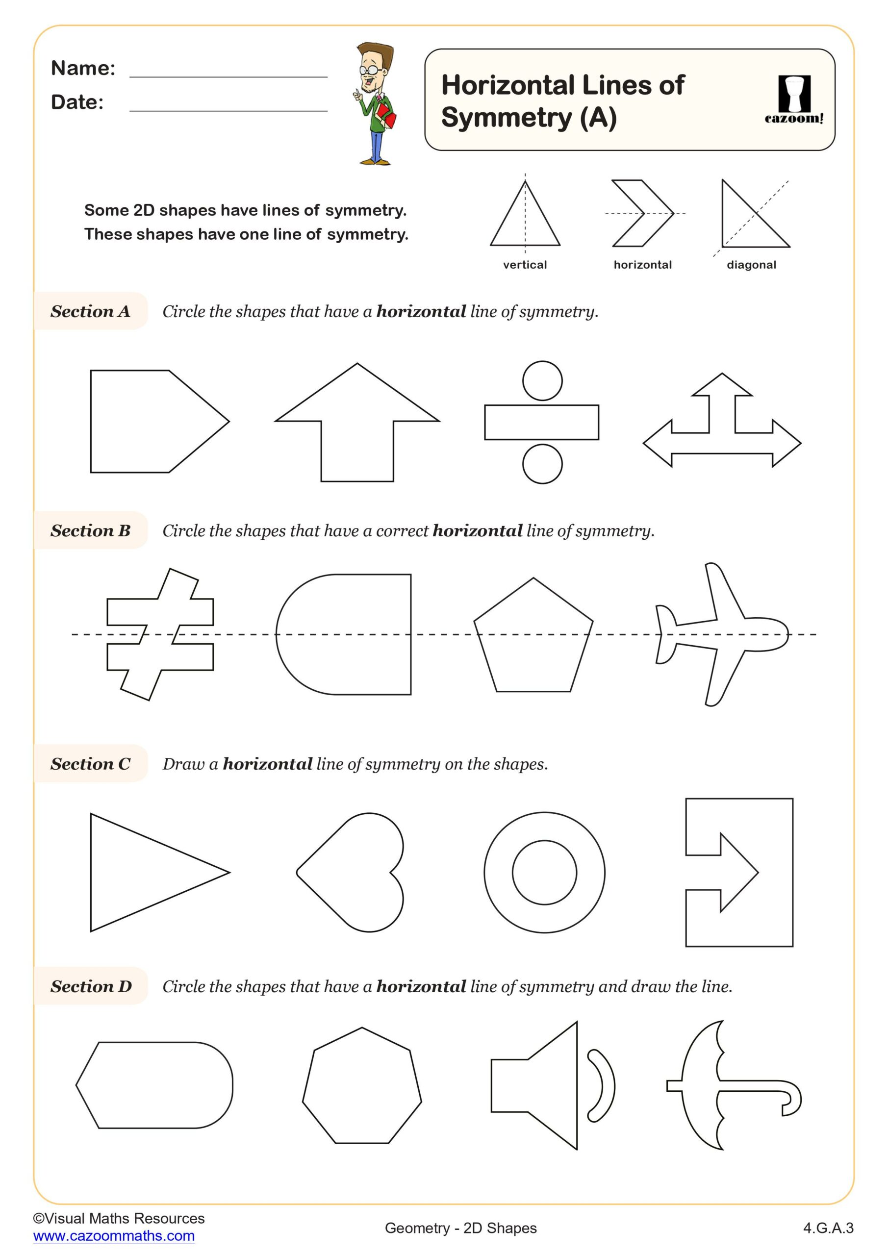 Horizontal Lines of Symmetry (A) Worksheet | Fun and Engaging 4th Grade ...