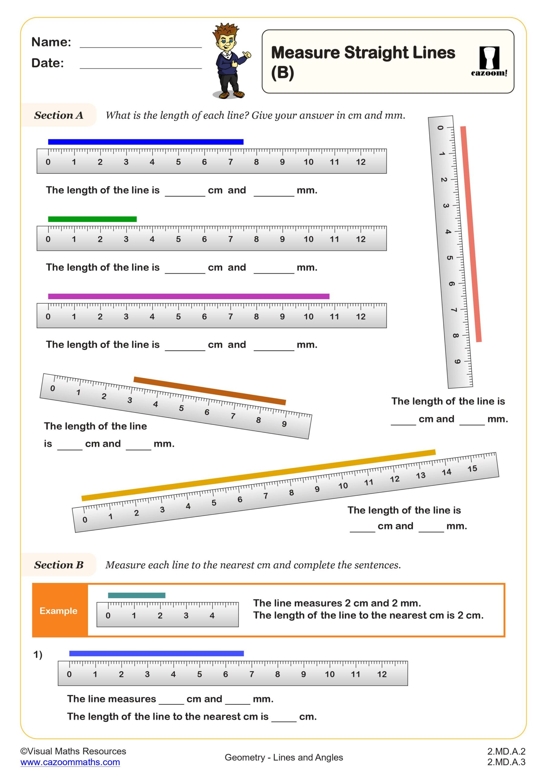 Measure Straight Lines (B) Worksheet | Fun and Engaging 2nd Grade ...
