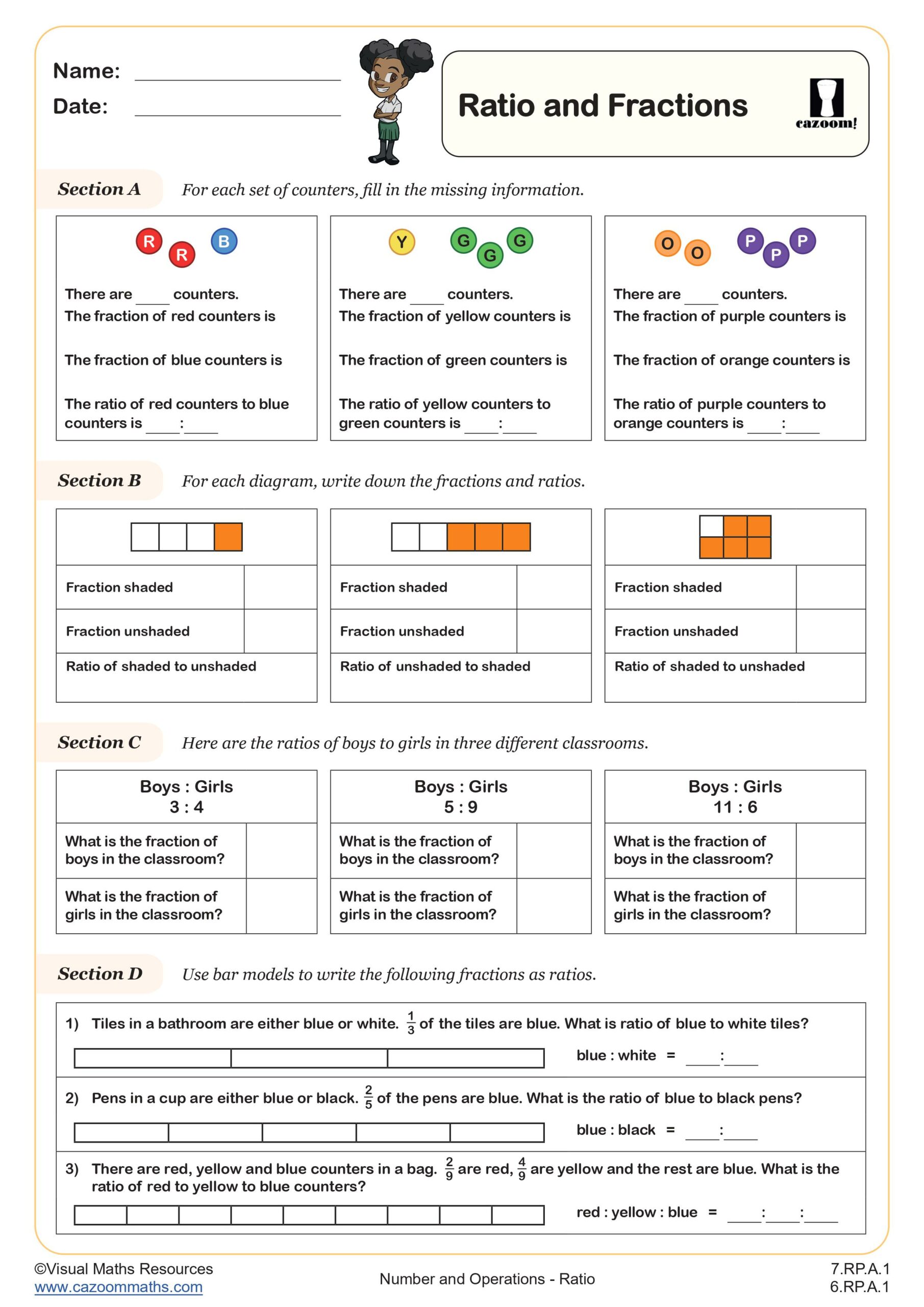 Ratio and Fractions Worksheet | Printable PDF 6th and 7th Grade Number ...