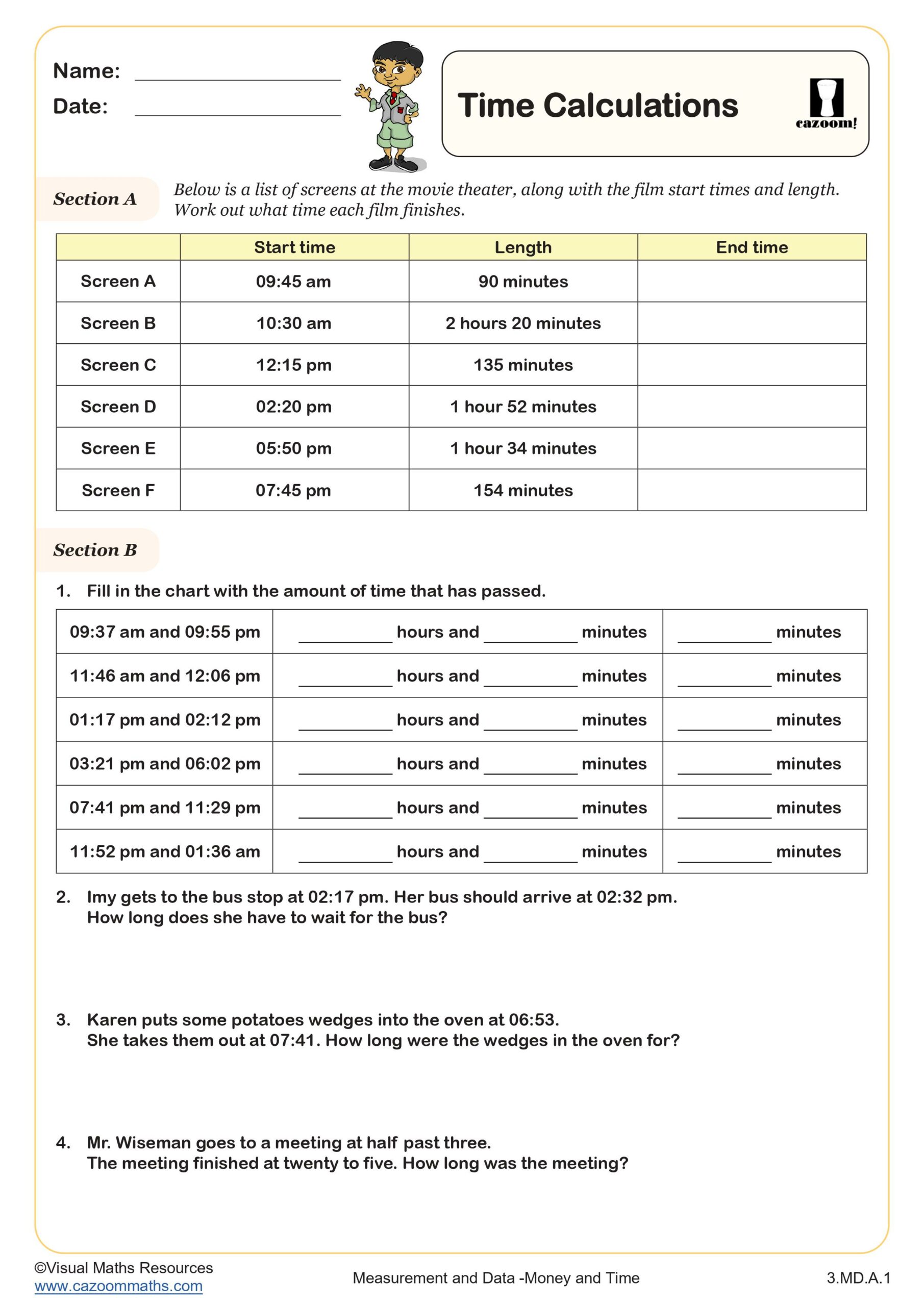 Time Calculations (A) Worksheet | Fun and Engaging 3rd Grade ...