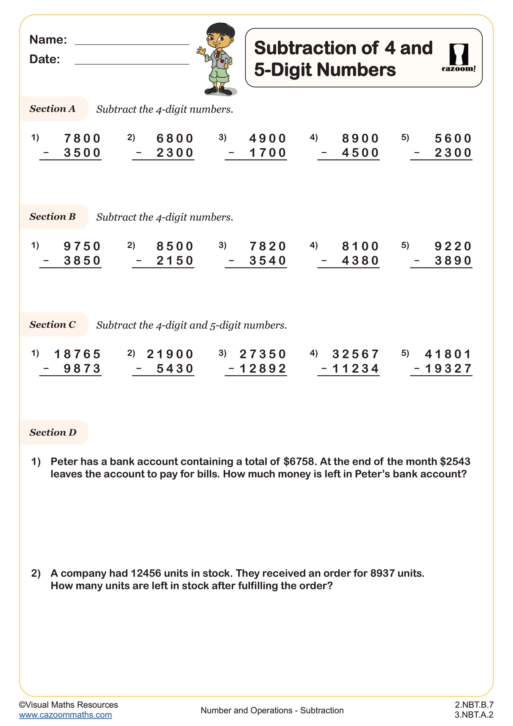 Subtraction of 4 and 5-digit Numbers Worksheet | Printable PDF 2nd and ...