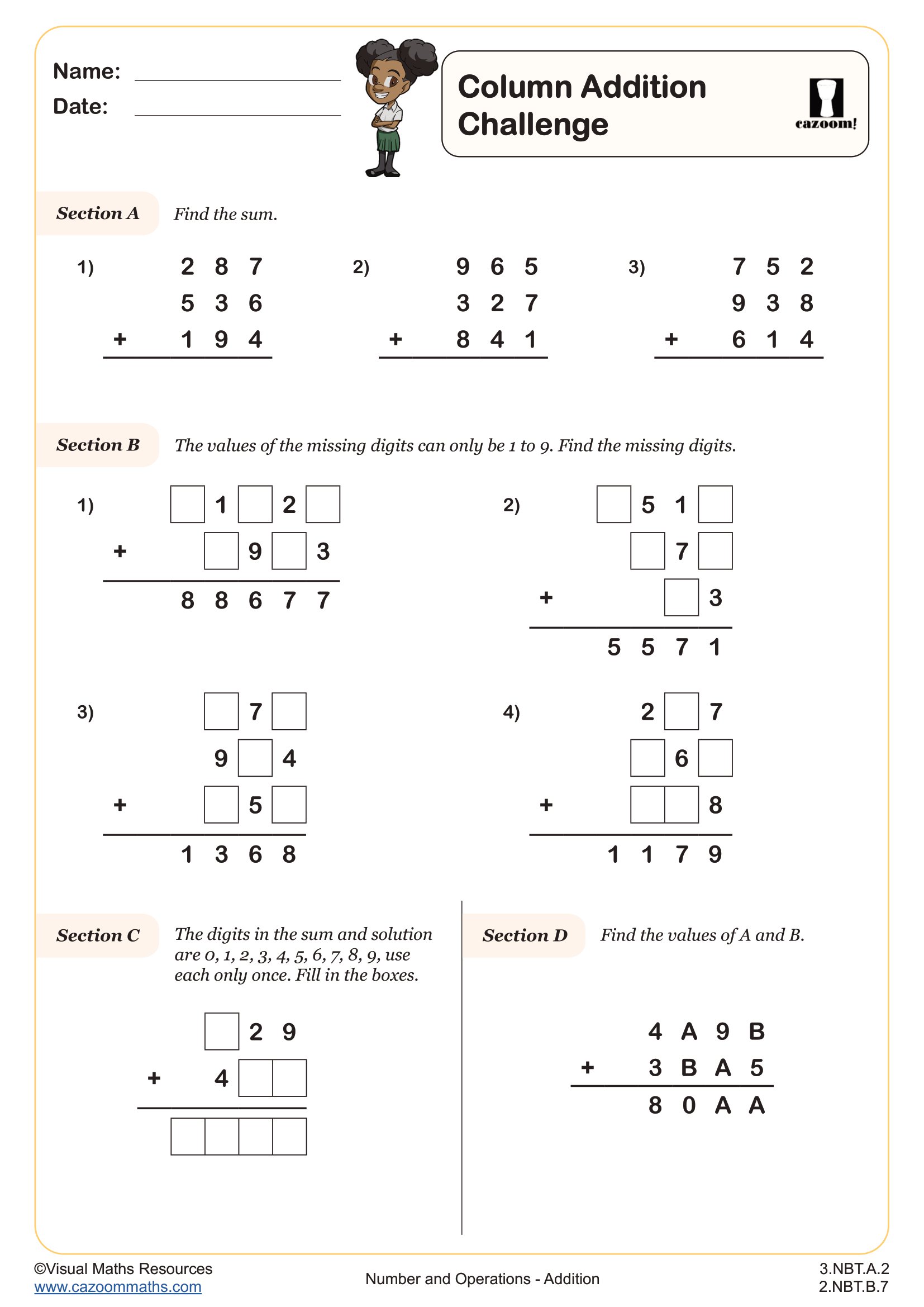 Methods for Addition Worksheets | Printable PDF Math Worksheets | Cazoom Math