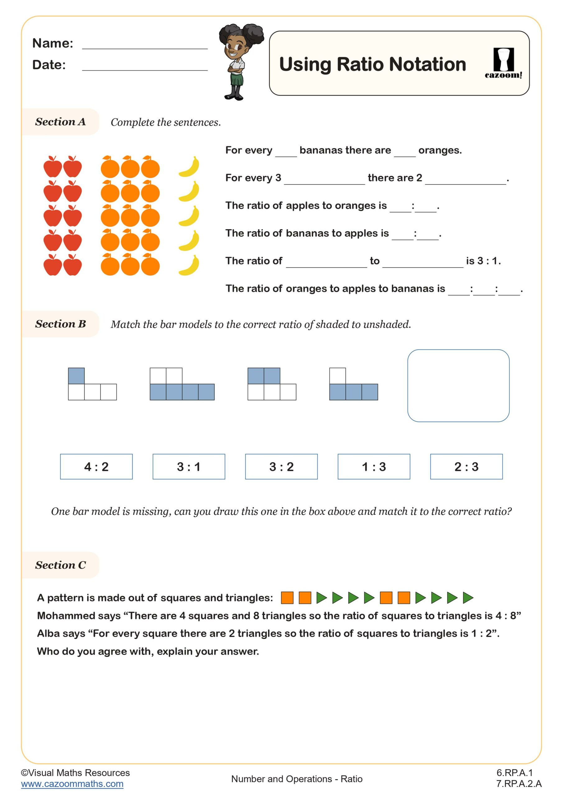 Using Ratio Notation Worksheet | Printable PDF 6th and 7th Grade Number ...