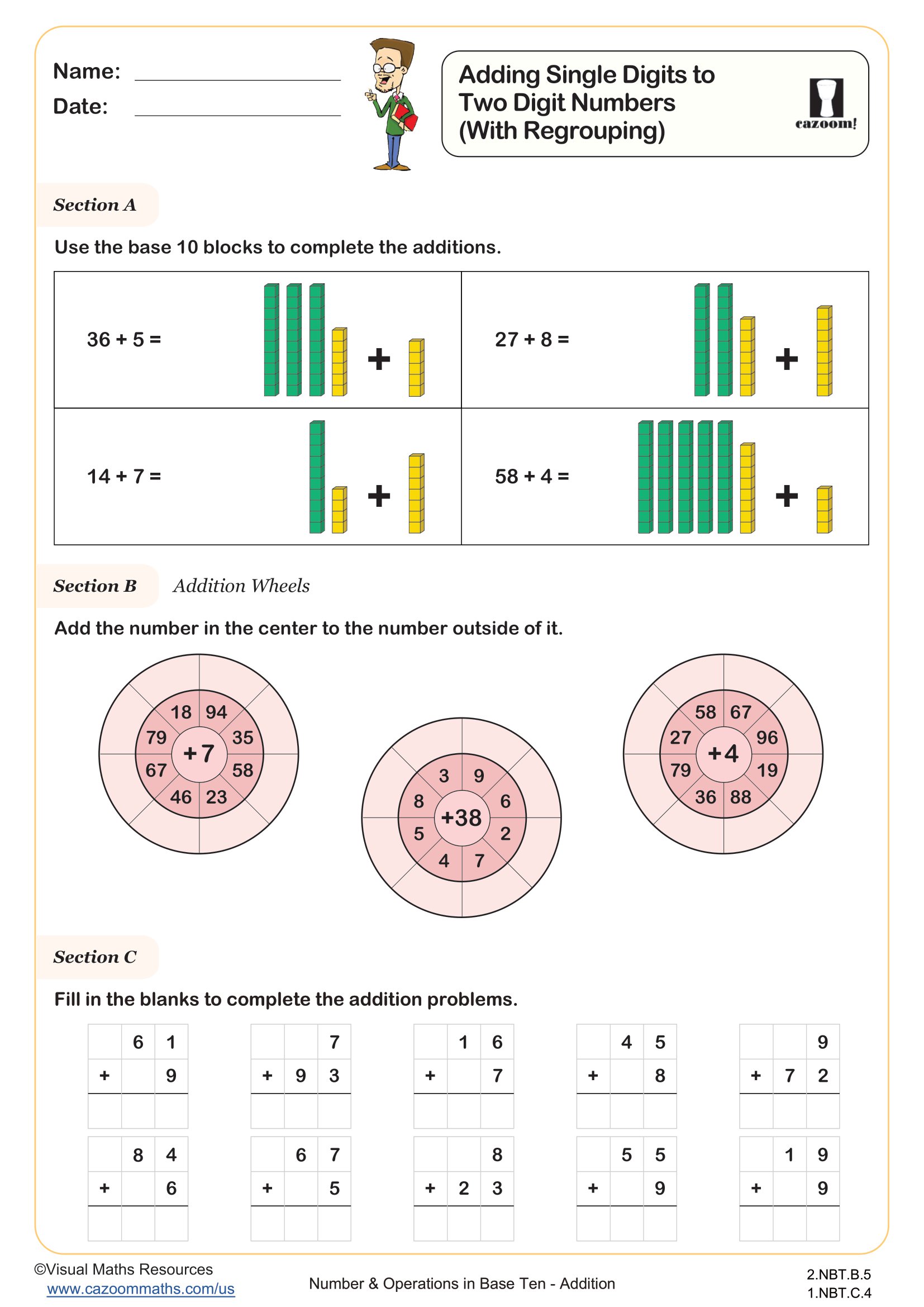 Adding Single Digits to Two Digit Numbers (With Regrouping) Worksheet ...