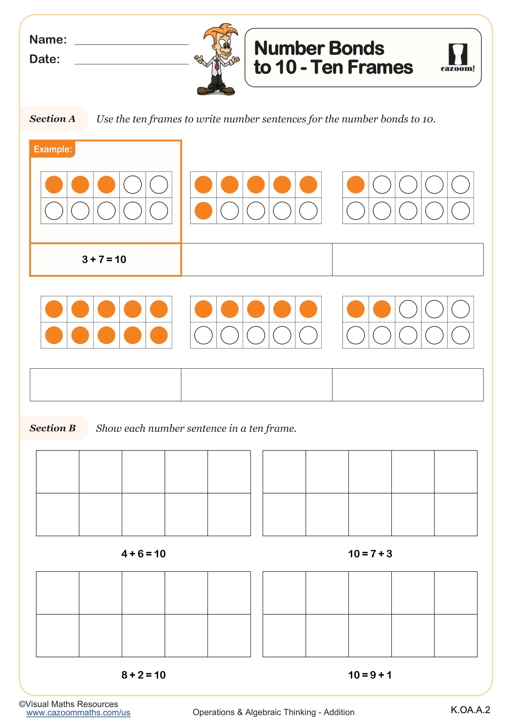 Number Bonds to 10 Ten Frames Worksheet | Fun and Engagung Kindergarten ...