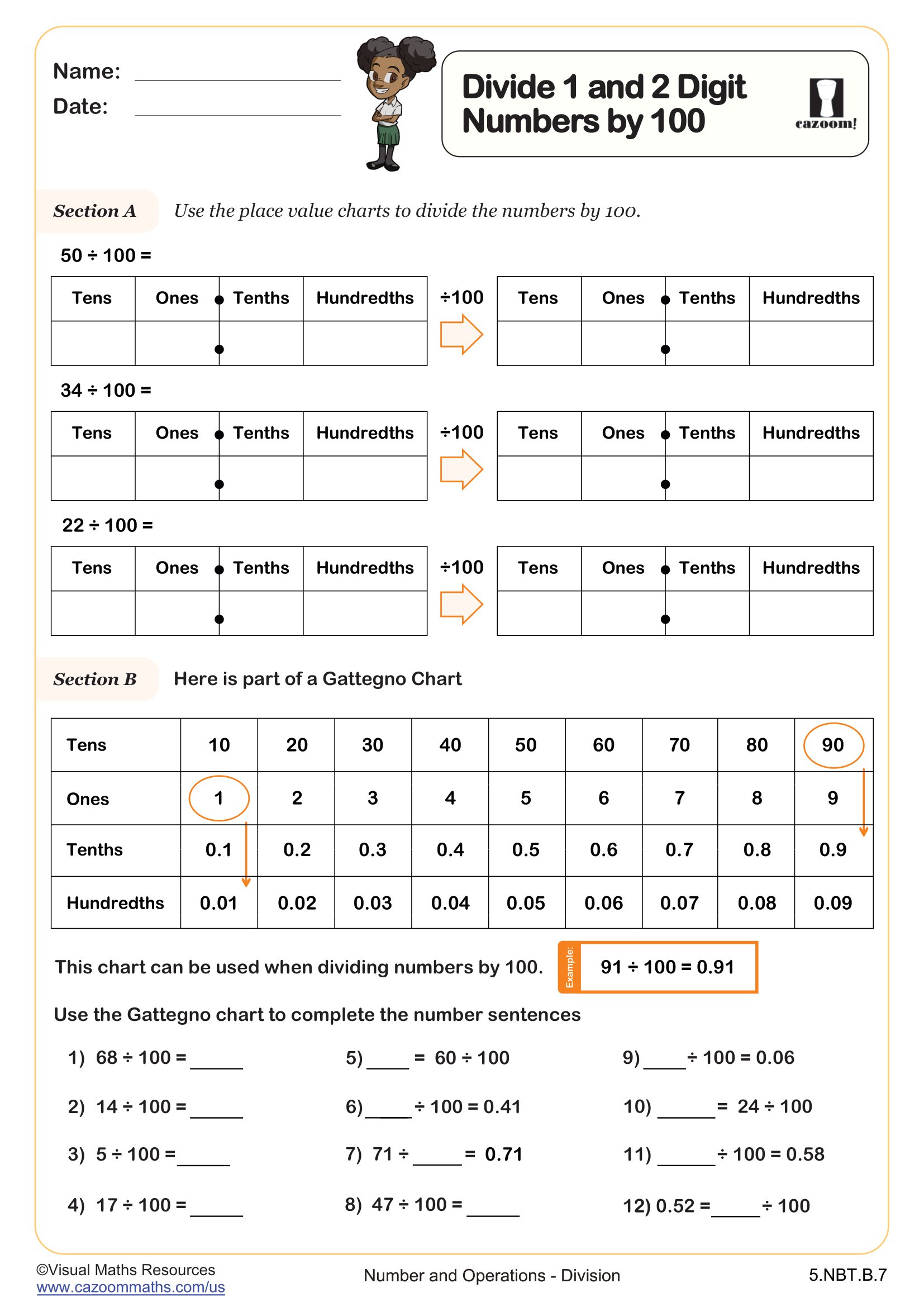 Divide 1 and 2 Digit Numbers by 100 Worksheet | Printable PDF 5th Grade ...