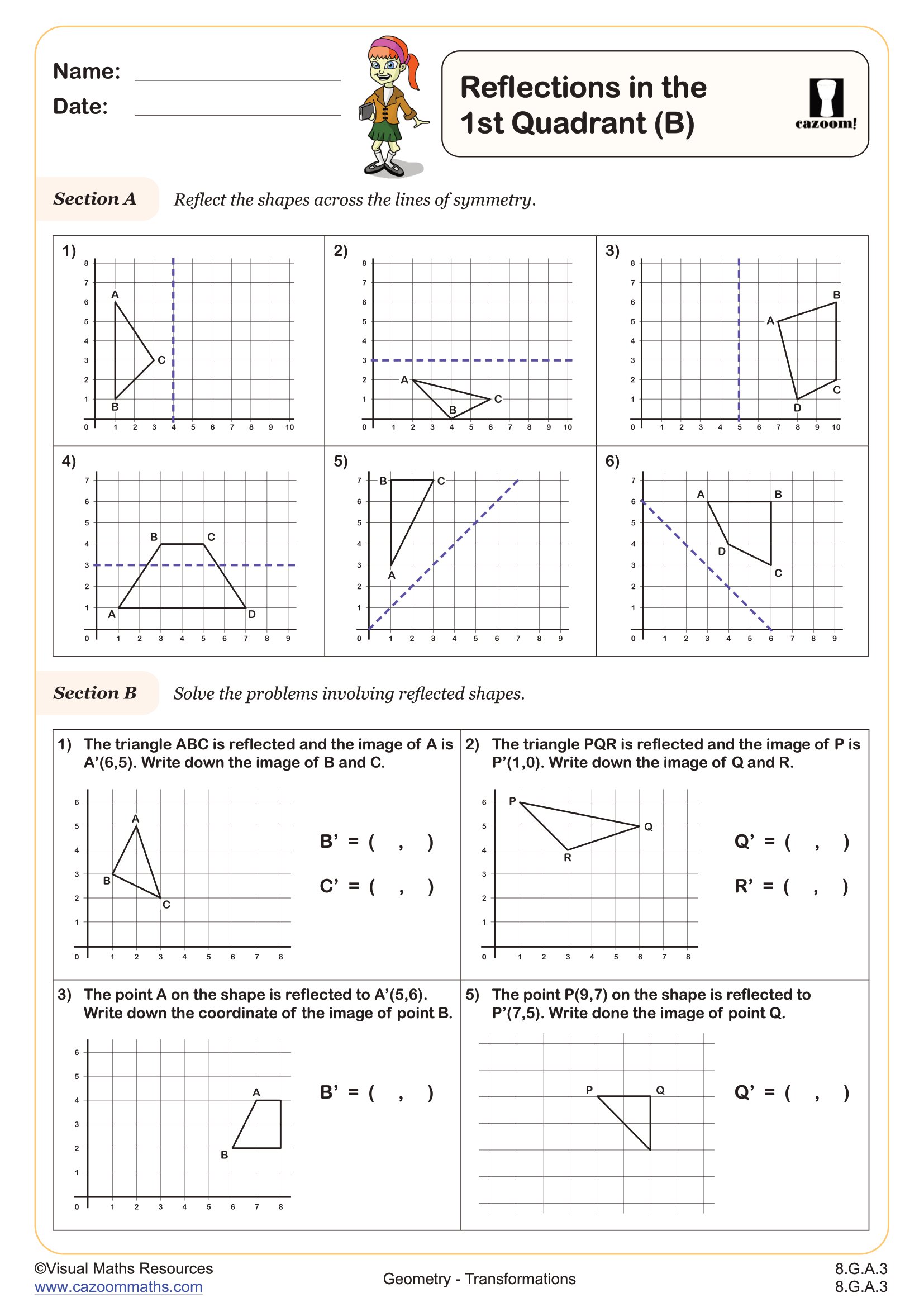 Reflections in the 1st Quadrant (B) Worksheet | Printable PDF 8th Grade ...