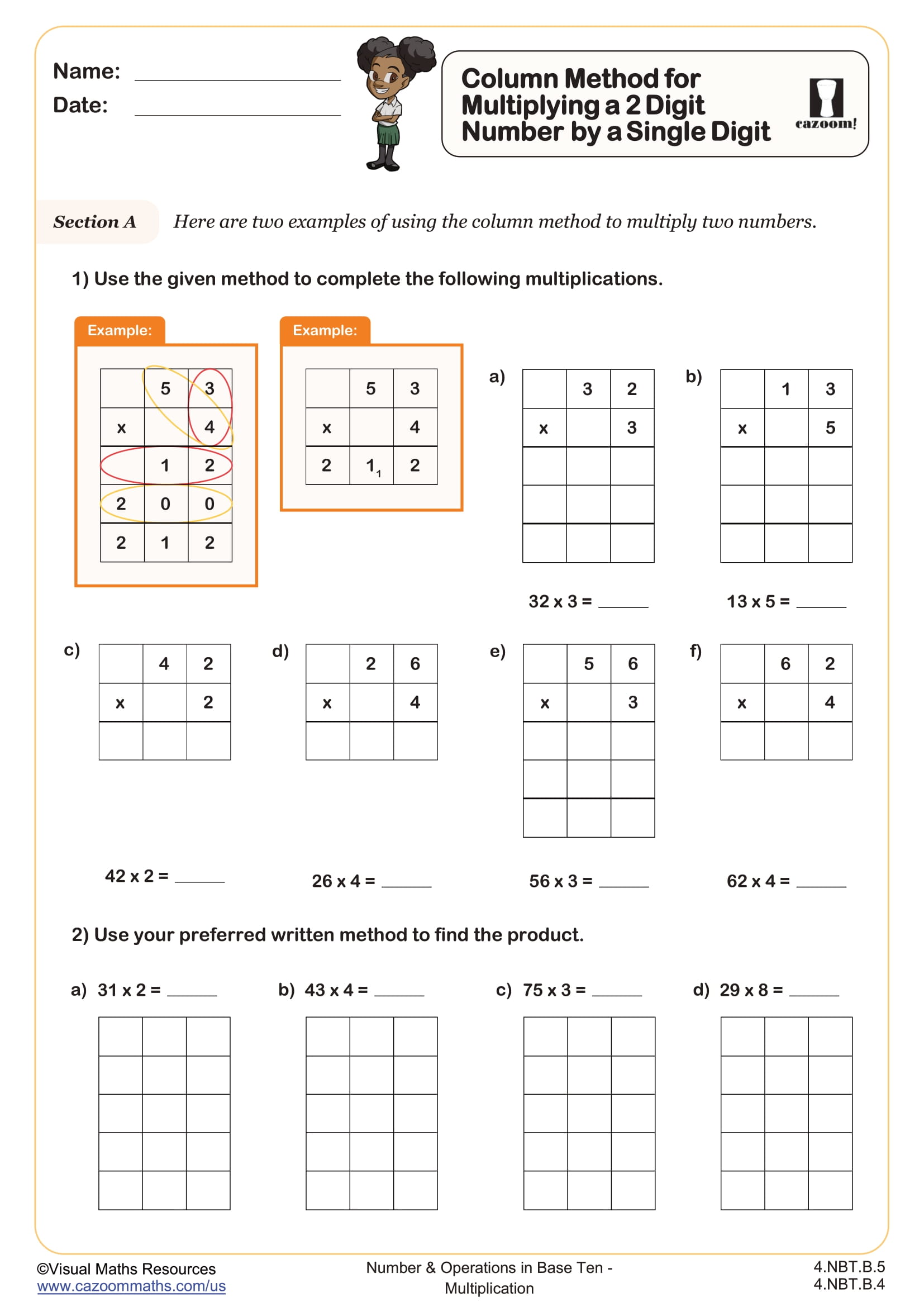 Column Method for Multiplying a 2 Digit Number by a Single Digit Worksheet | Fun and Engaging ...