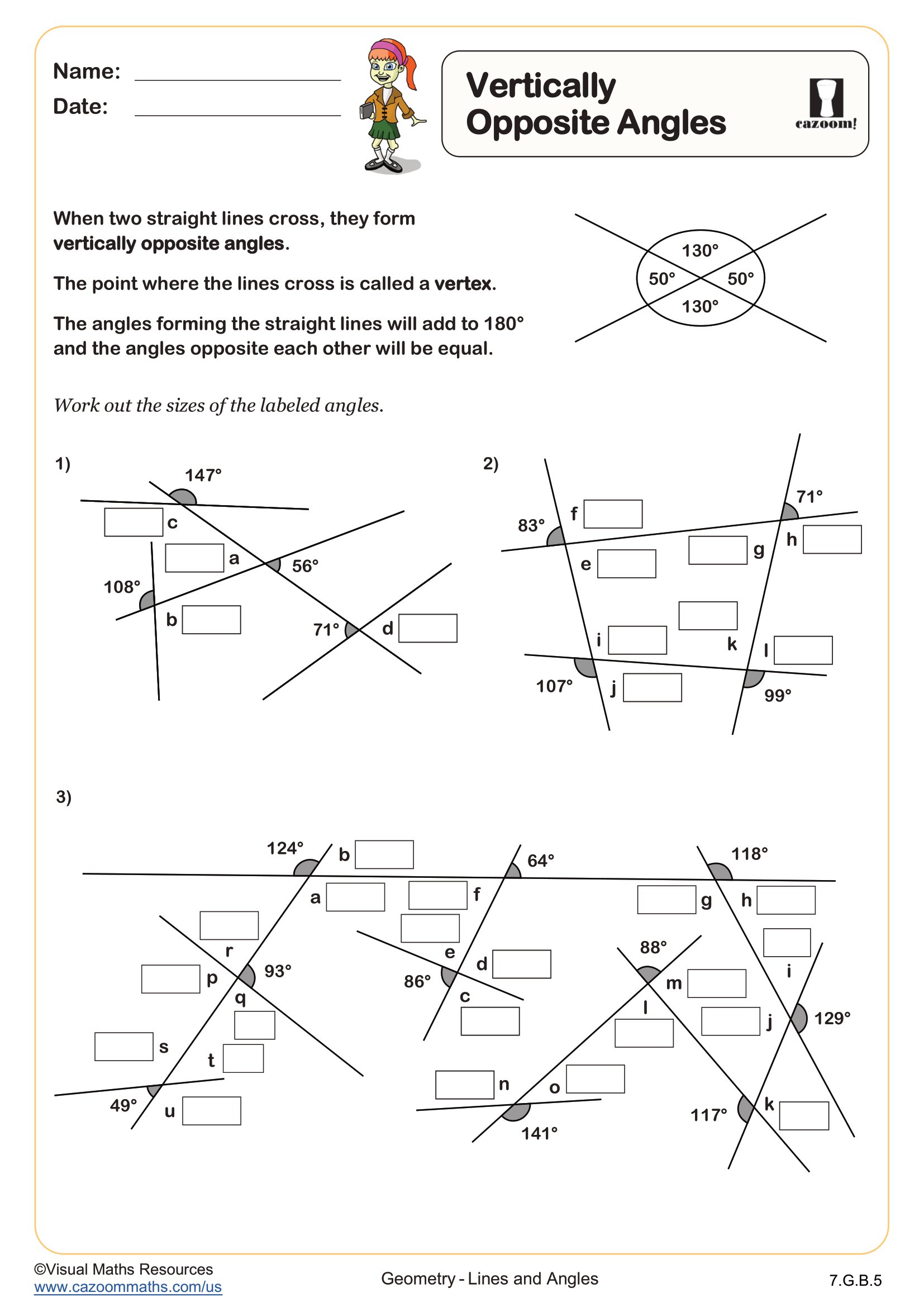 Vertically Opposite Angles Worksheet | Fun and Engaging 7th Grade ...