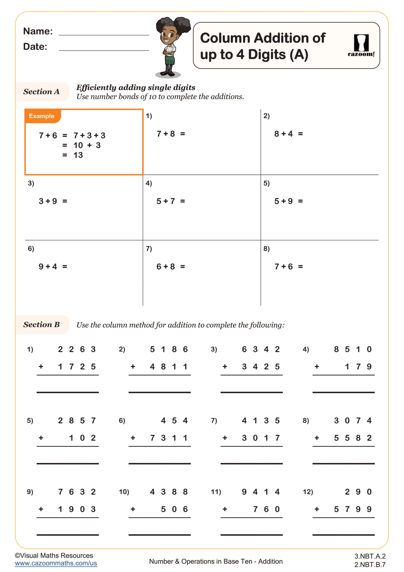 Column Addition of up to 4 Digits (A) Worksheet | Fun and Engaging 2nd ...