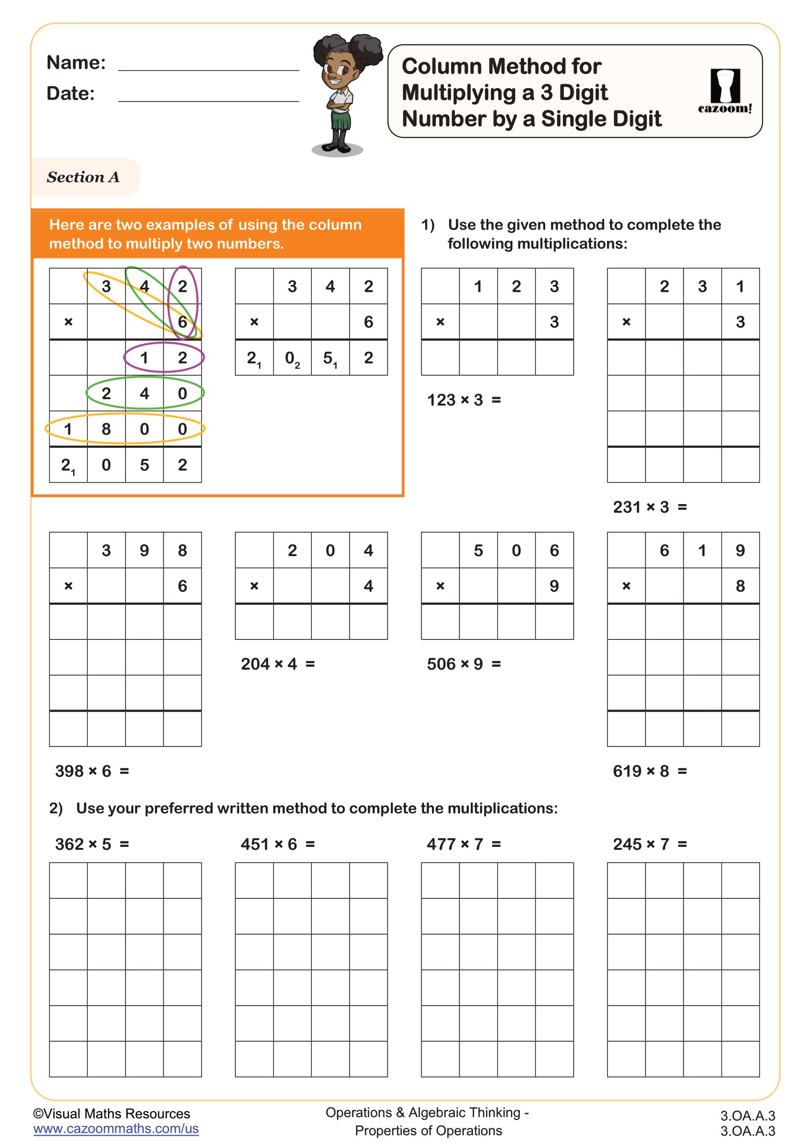 Column Method for Multiplying a 3 Digit Number by a Single Digit ...