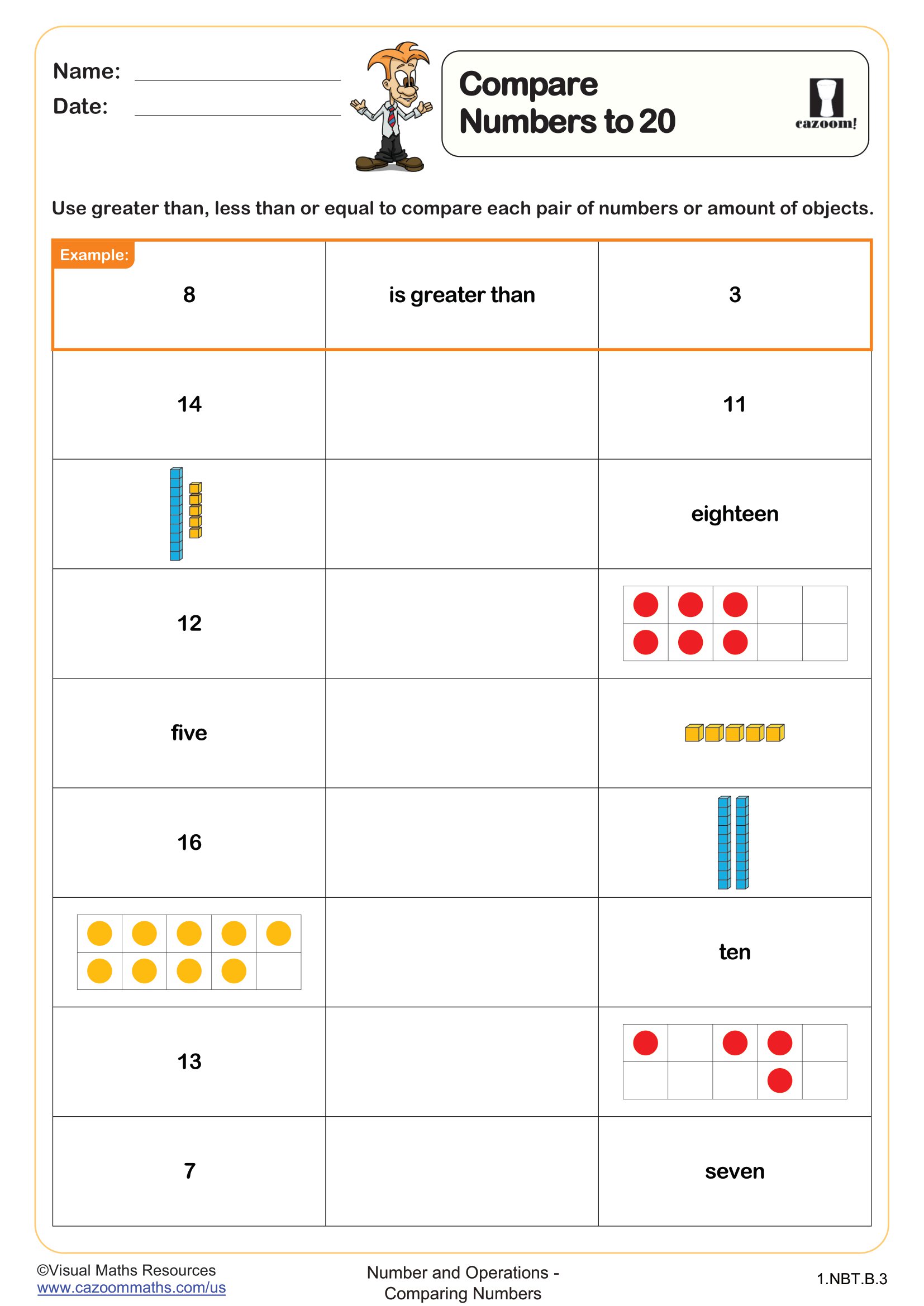 Compare Numbers to 20 Worksheet | Fun and Engaging 1st Grade Number and ...