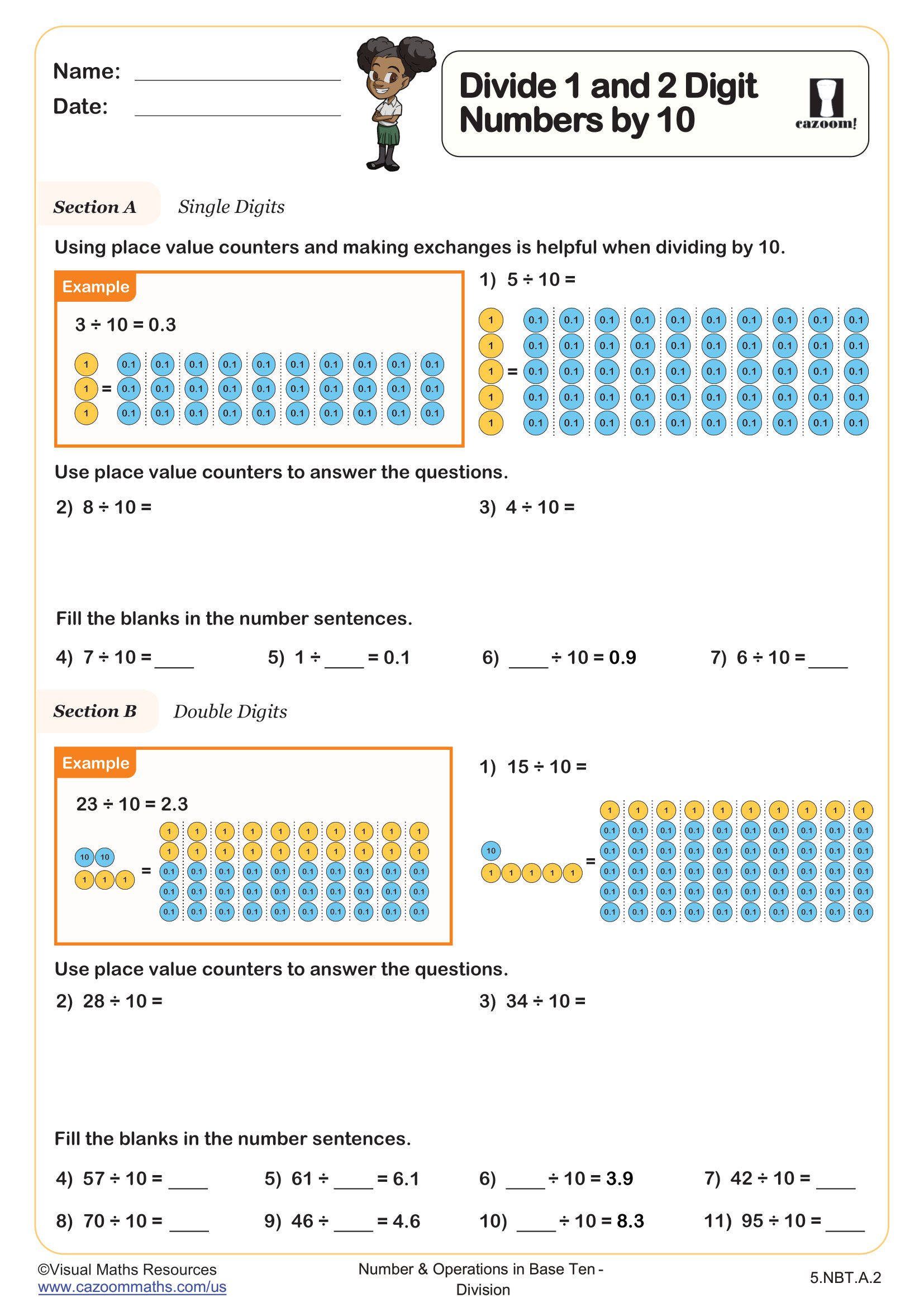 Divide 1 and 2 Digit Numbers by 10 Worksheet | Fun and Engaging 5th ...