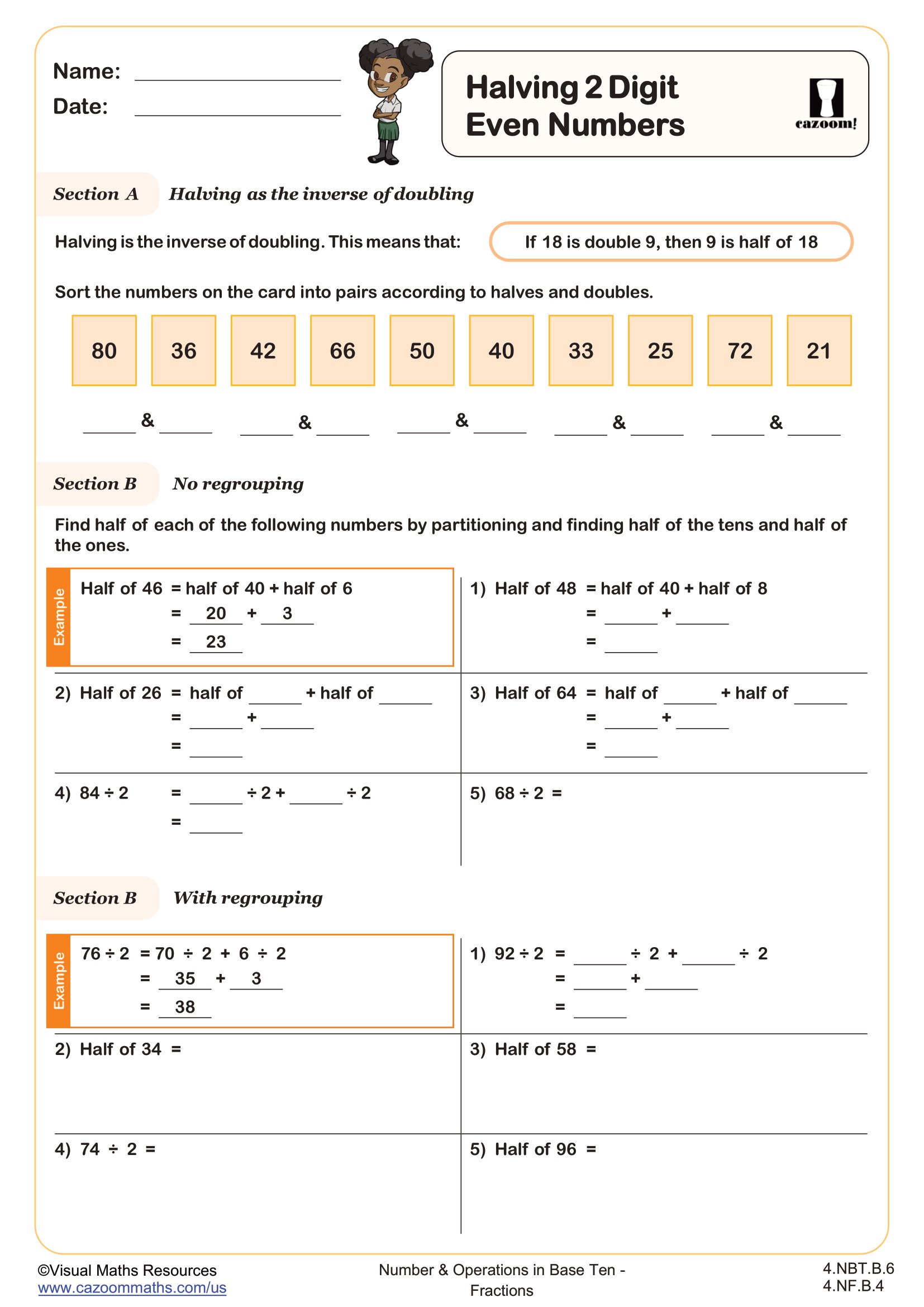 Halving 2 Digit Even Numbers Worksheet | Fun and Engaging 4th Grade ...