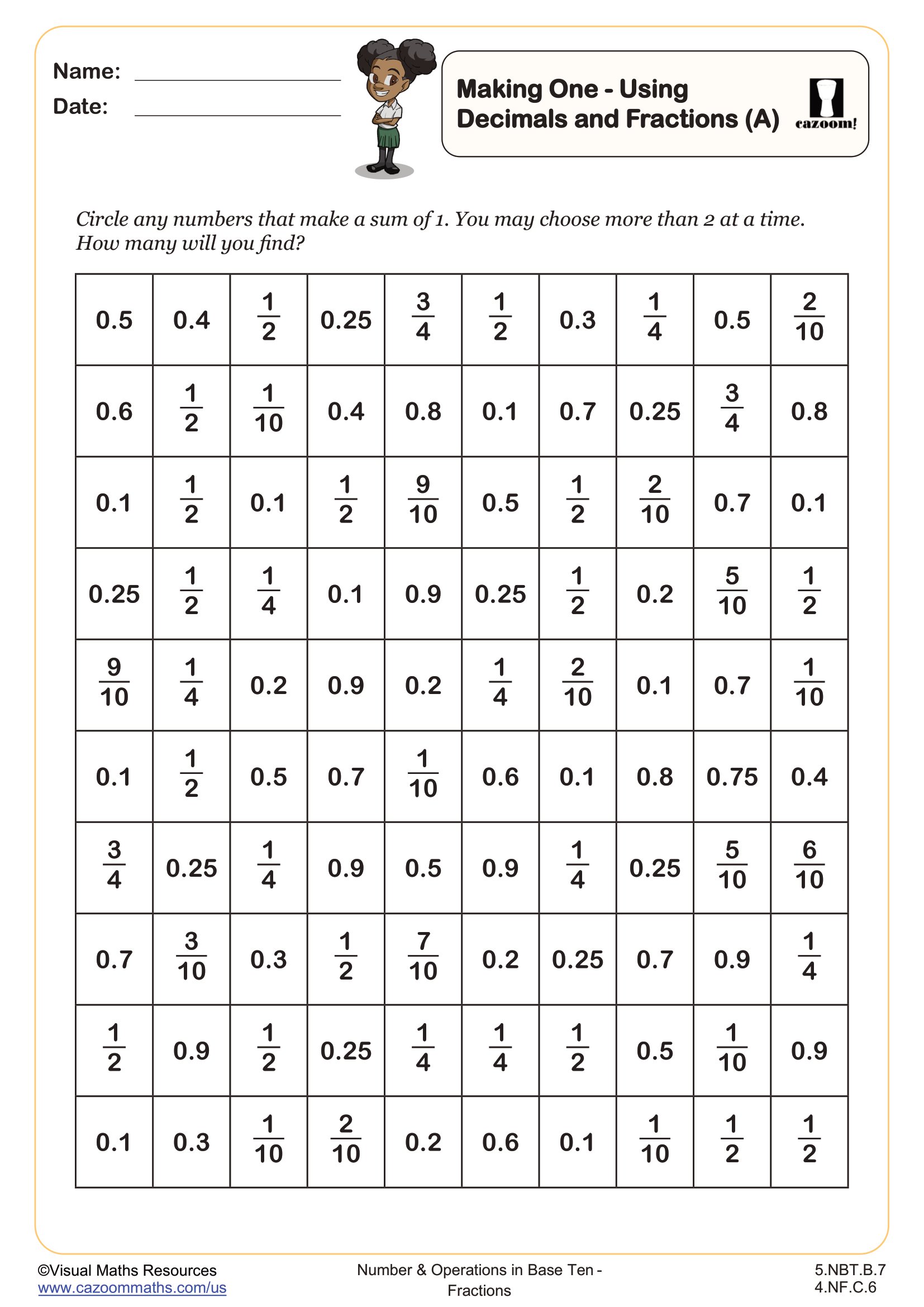 Making One Using Decimals and Fractions (A) Worksheet | Fun and ...
