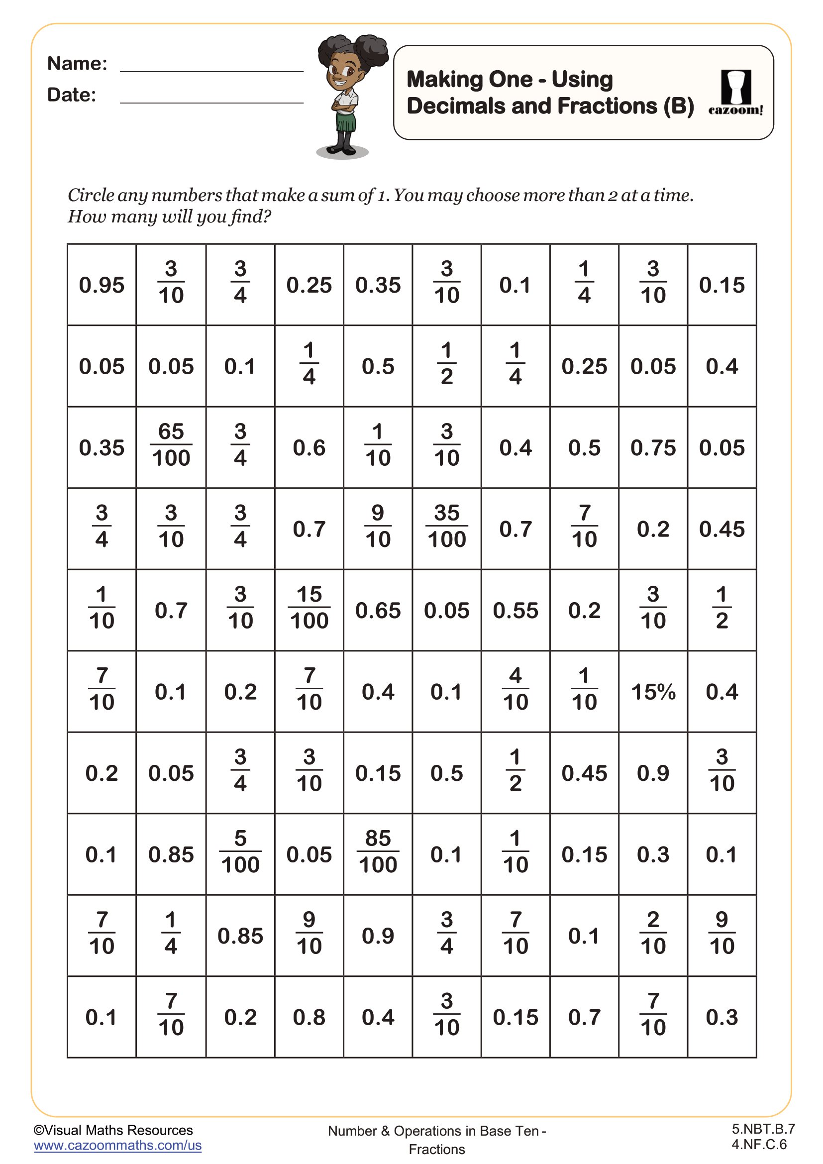 Making One Using Decimals and Fractions (B) Worksheet | Fun and ...