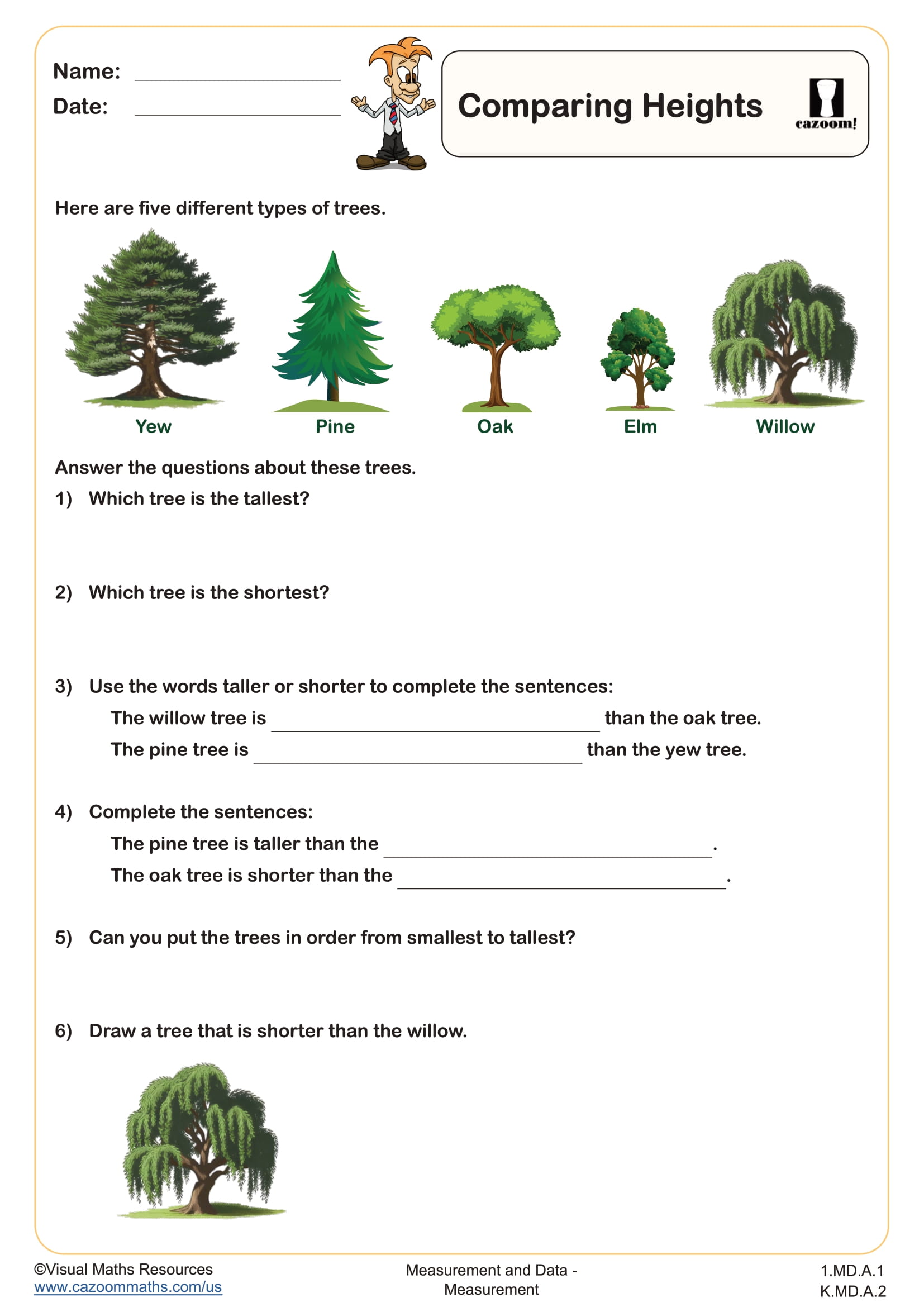 Comparing Heights Worksheet | Fun and Engaging 0th Grade and 1st Grade ...