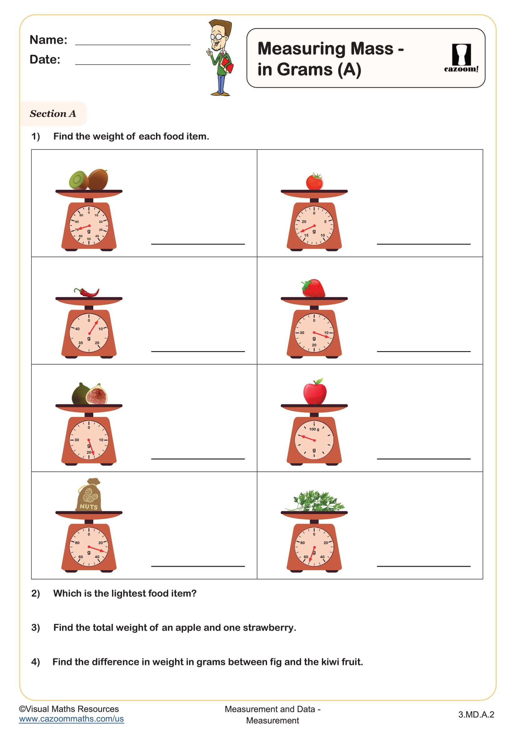 Measure Mass In Grams (A) Worksheet | Fun and Engaging 3rd Grade ...