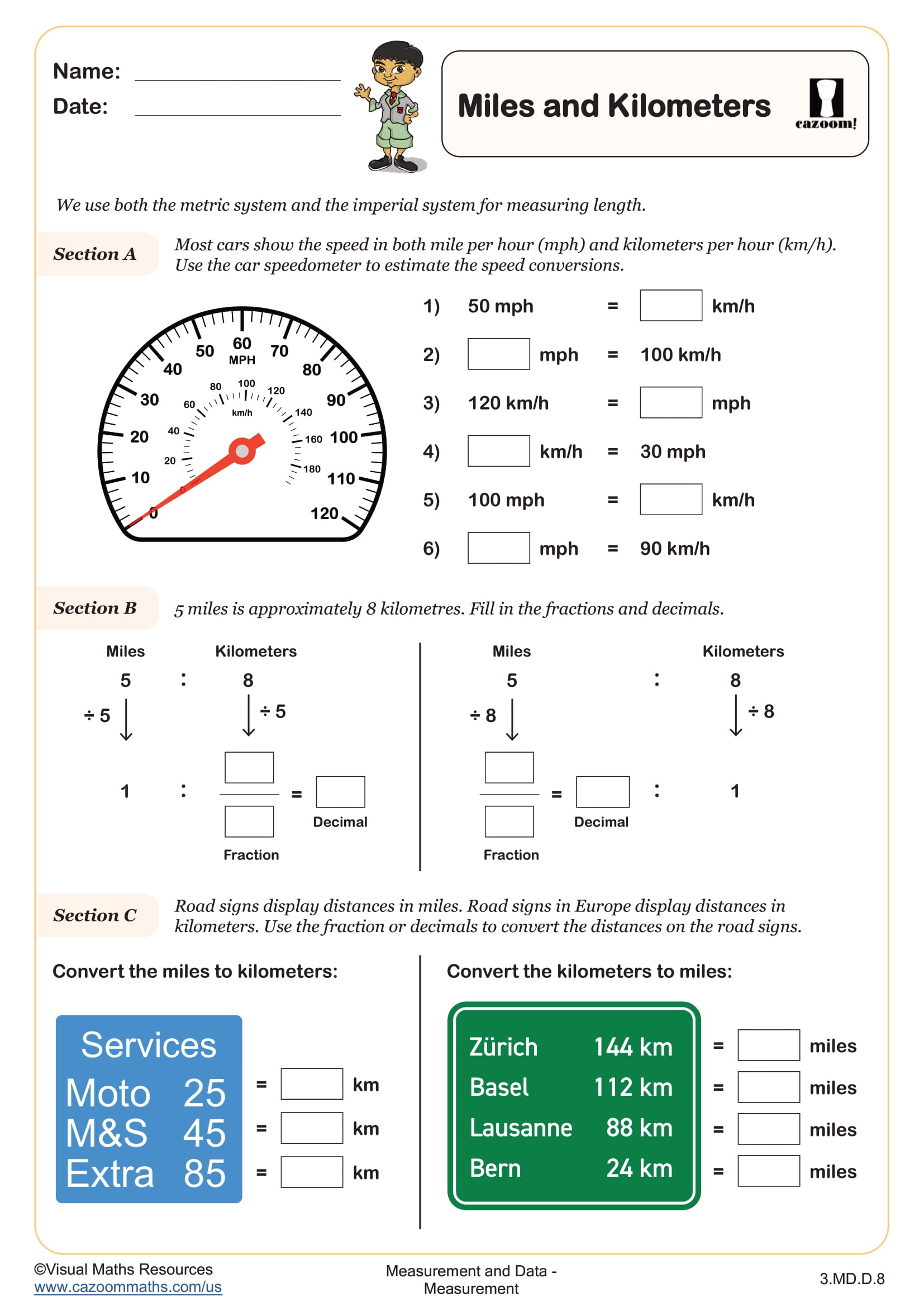 Miles and Kilometres Worksheet | Fun and Engaging 3rd Grade Measurement ...