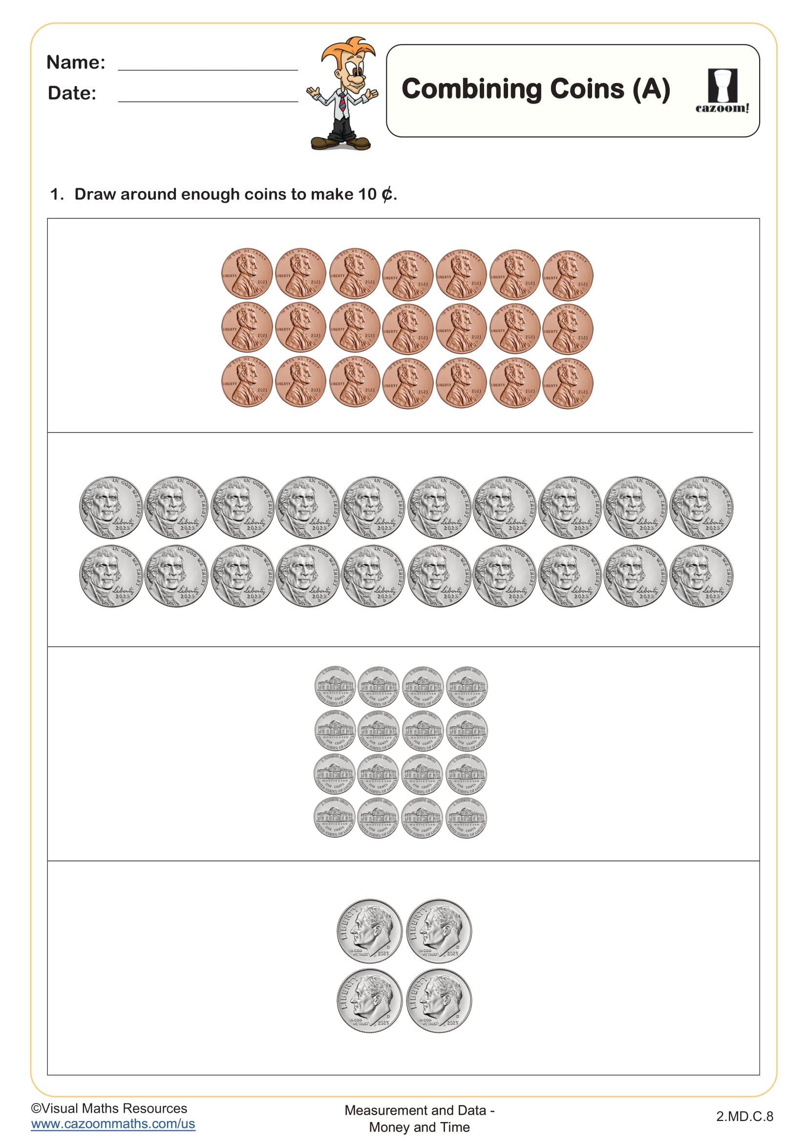 Combining Coins (A) Worksheet | Fun and Engaging 2nd Grade Measurement ...