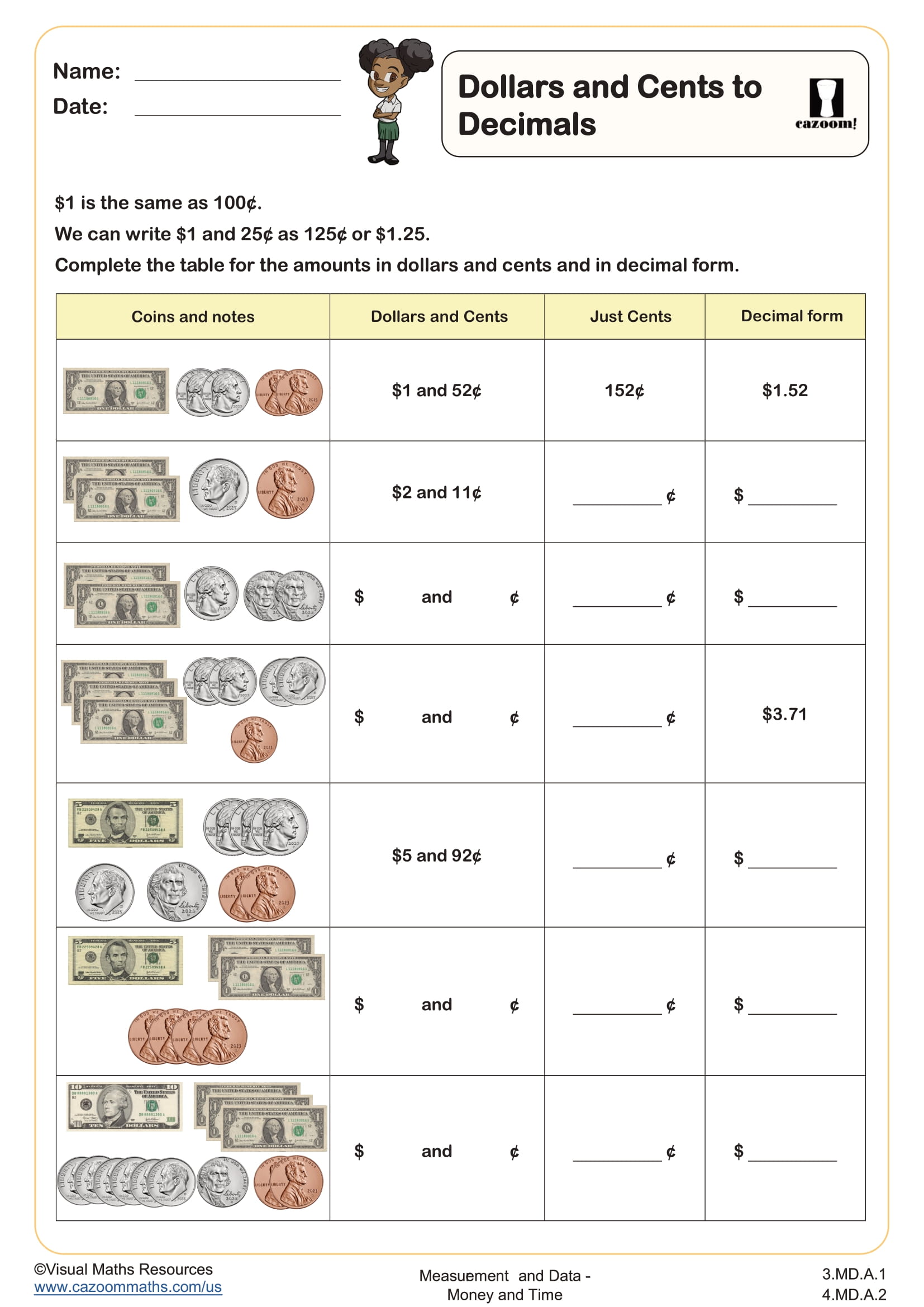 Dollars and Cents to Decimals Worksheet | Fun and Engaging 3rd Grade ...