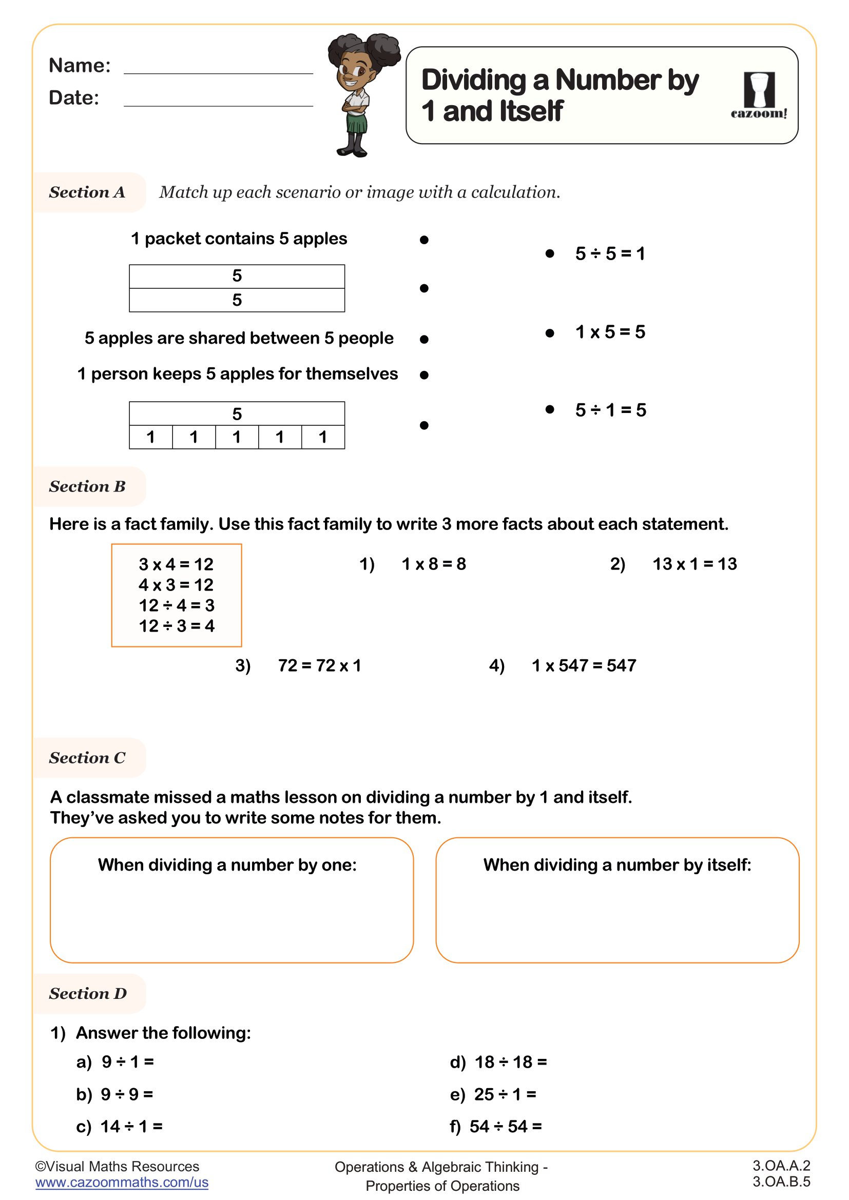 Dividing a Number by 1 and Itself Worksheet | Fun and Engaging 3rd ...
