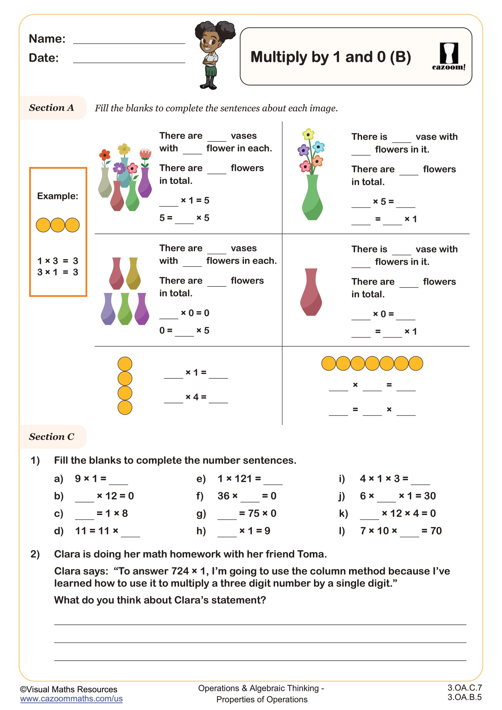 Multiplying by 1 and 0 (B) Worksheet | Fun and Engaging 3rd Grade Operations & Algebraic ...