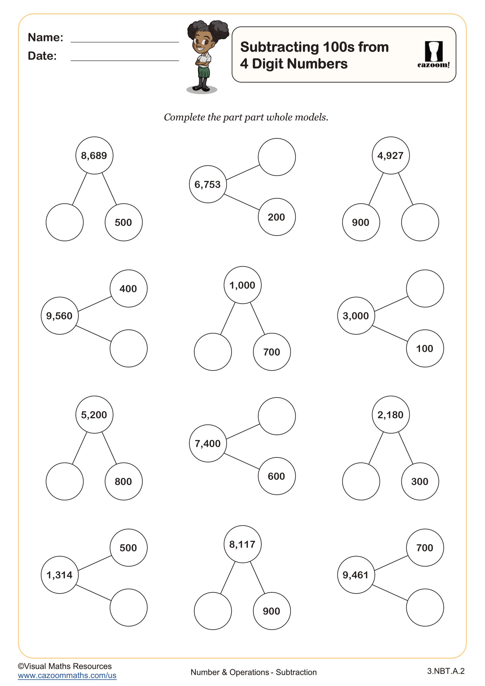 Subtracting 100s from 4 Digit Numbers Worksheet | Fun and Engaging 3rd ...
