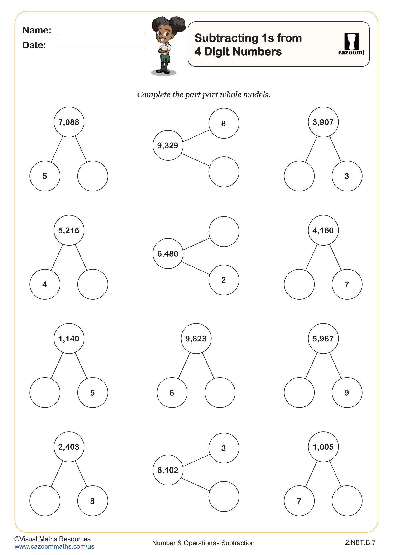 Subtracting 1s from 4 Digit Numbers Worksheet | Fun and Engaging 2nd ...