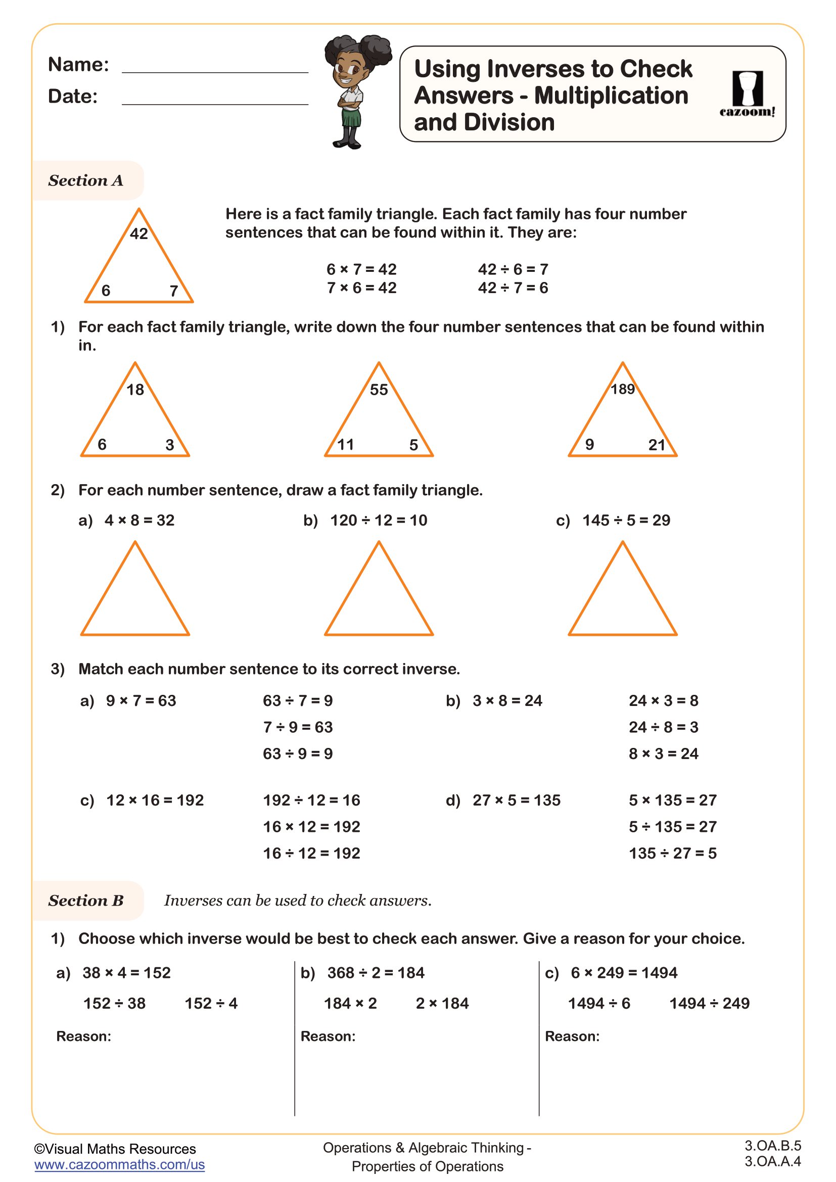Using Inverses to Check Answers - Multiplication and Division Worksheet ...