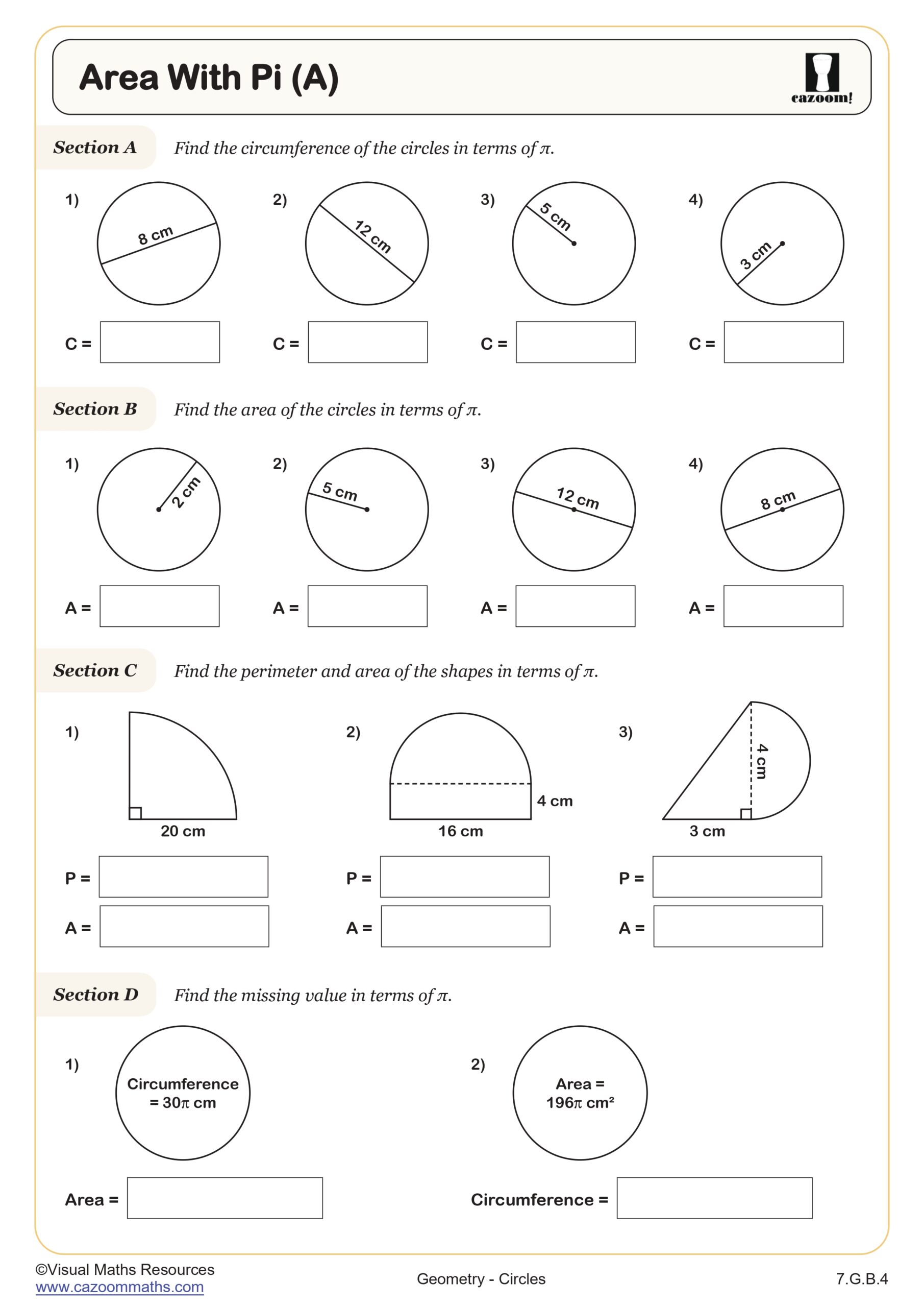 7th Grade Circles Worksheets | PDF Printable Worksheets | Cazoom Math