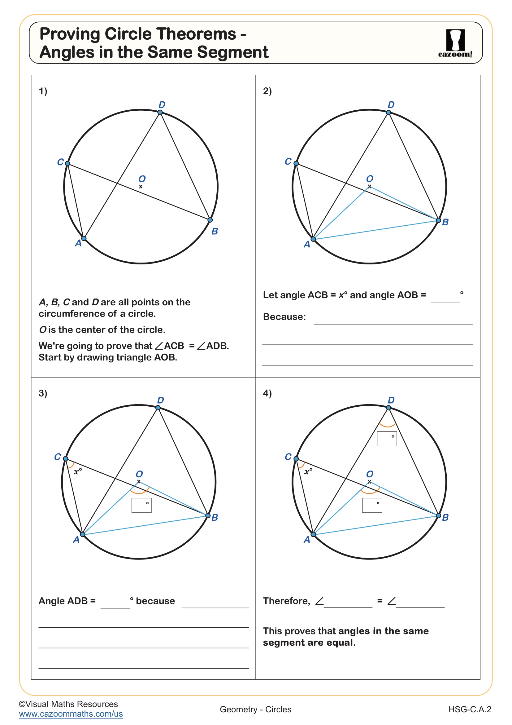 Proving Circle Theorems - Angles in the Same Segment Worksheet | Fun ...