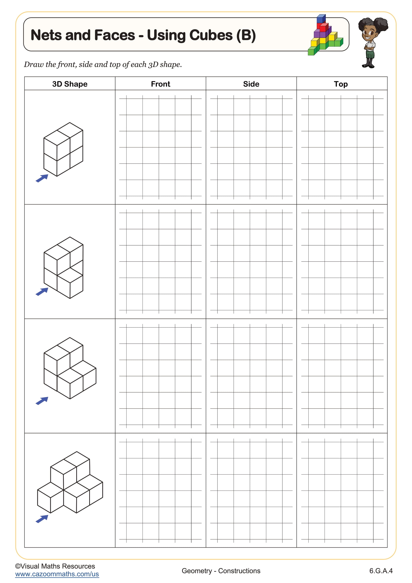 Nets and Faces - Using Cubes (B) Worksheet | Fun and Engaging 6th Grade Geometry Worksheet