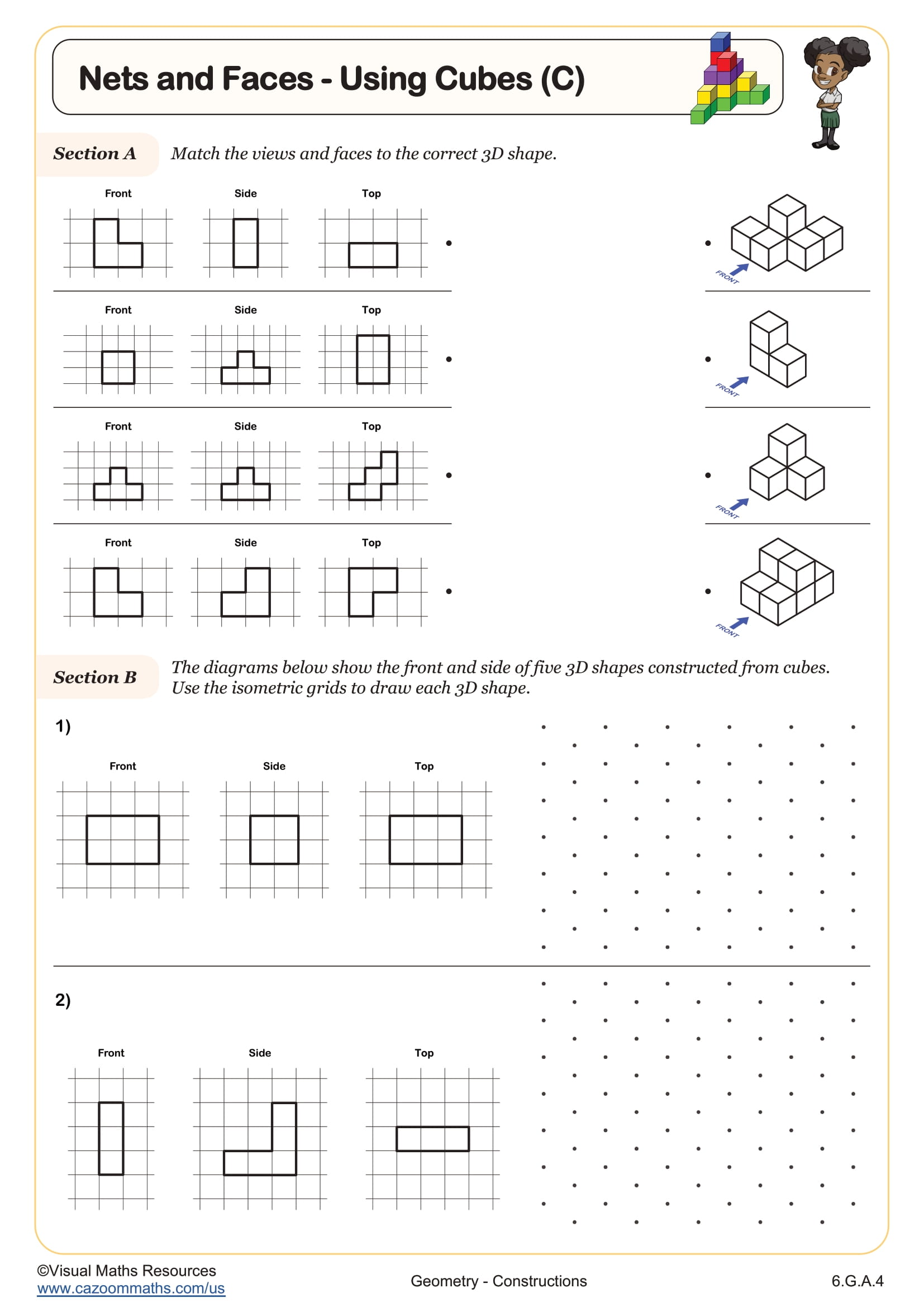 Nets and Faces - Using Cubes (C) Worksheet | Fun and Engaging 6th Grade ...