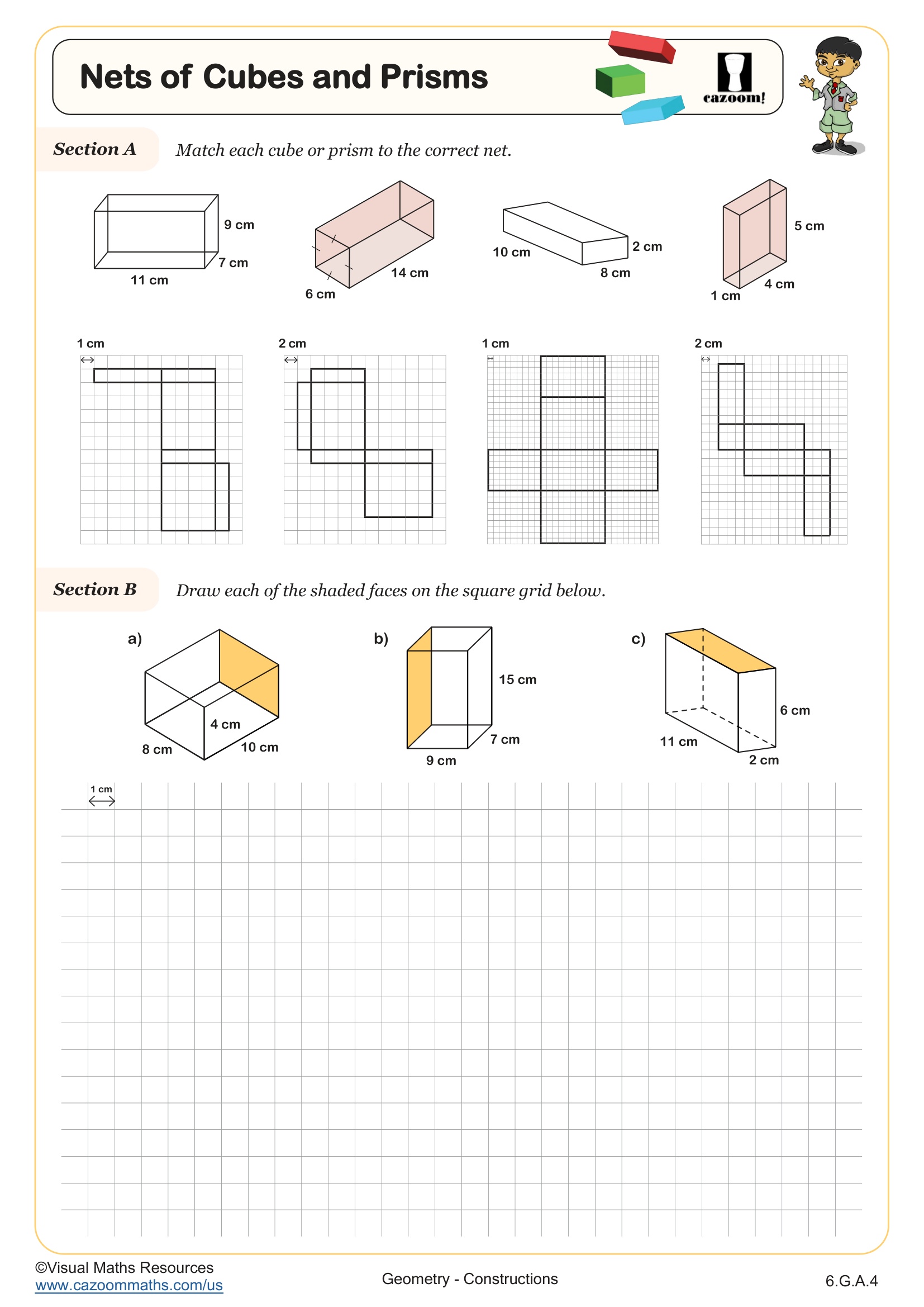 Nets of Cubes and Prisms Worksheet | Fun and Engaging 6th Grade Geometry Worksheet
