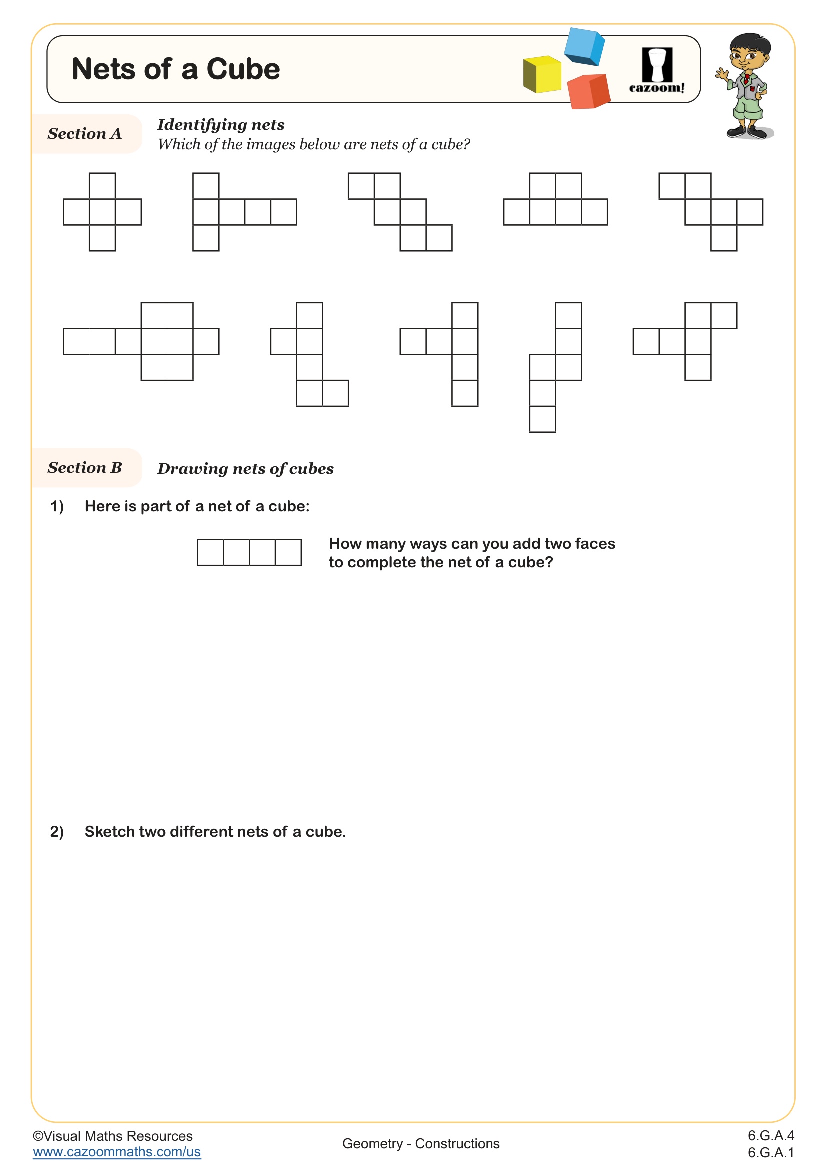Nets of a Cube Worksheet | Fun and Engaging 6th Grade Number ...