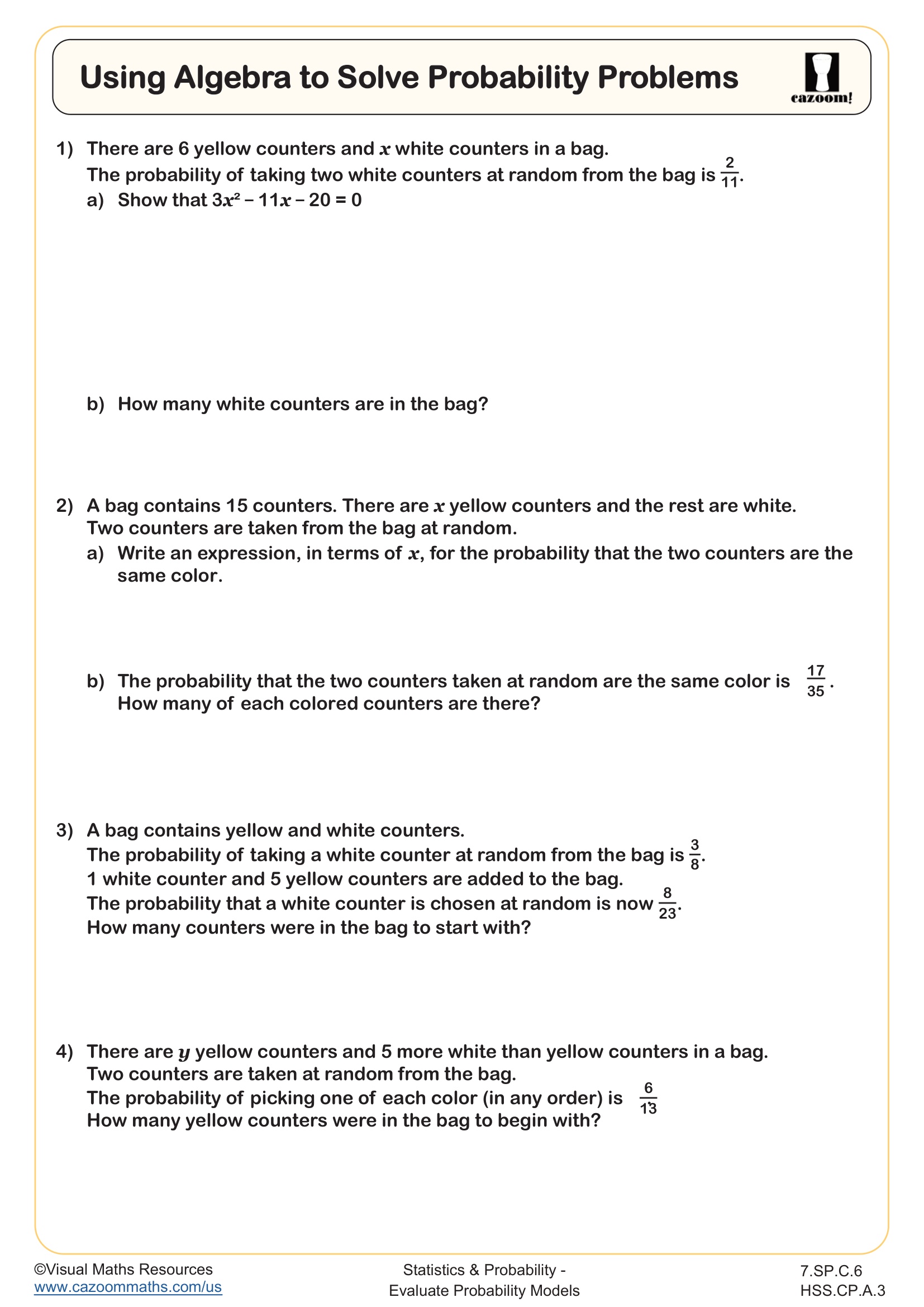 Using Algebra to Solve Probability Problems Worksheet | Fun and ...