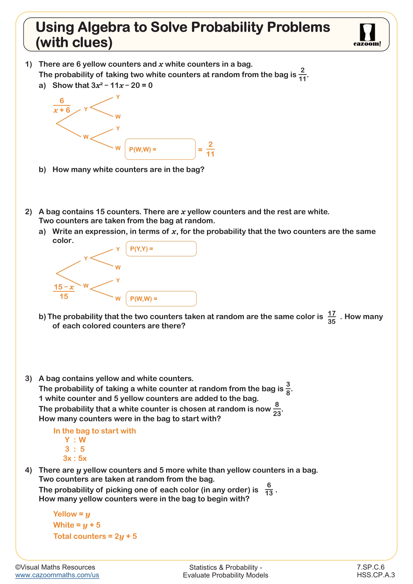 Using Algebra to Solve Probability Problems (with clues) Worksheet ...