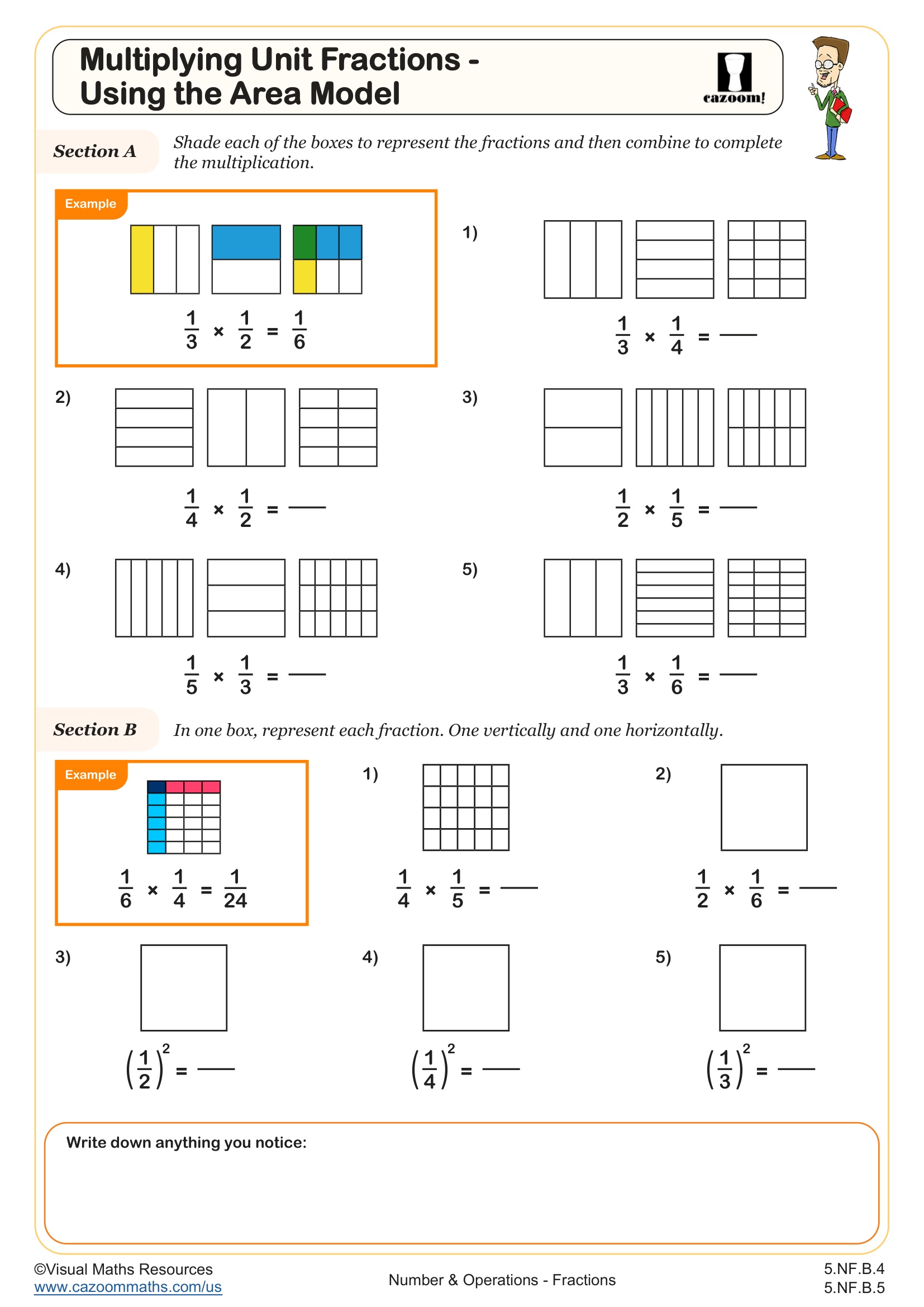 Multiplying Unit Fractions - Using the Area Model Worksheet | Fun and ...